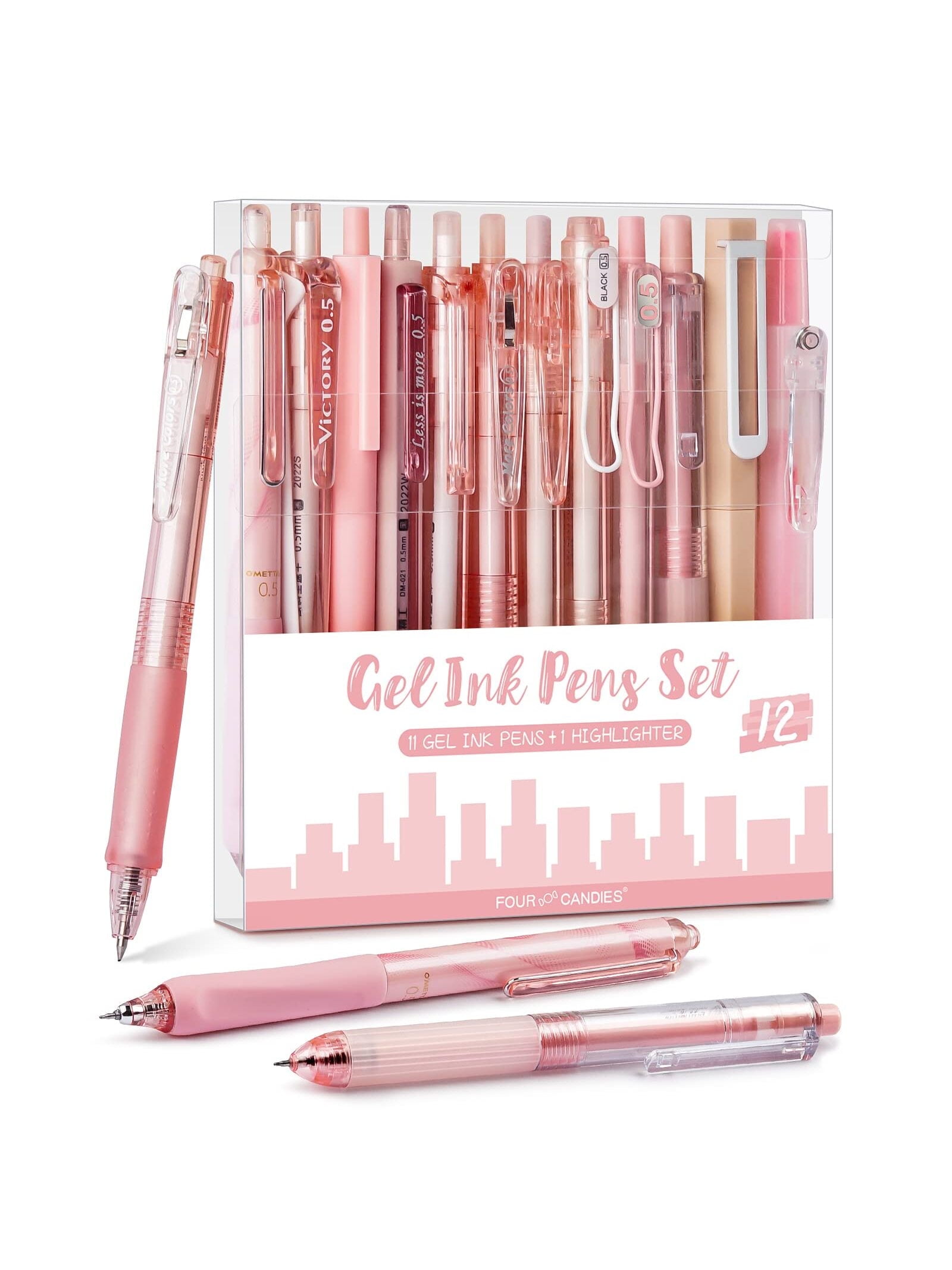 Four Candies Retractable Pink Pen Set, 11Pcs Black Ink Gel Pens(0.5mm ...
