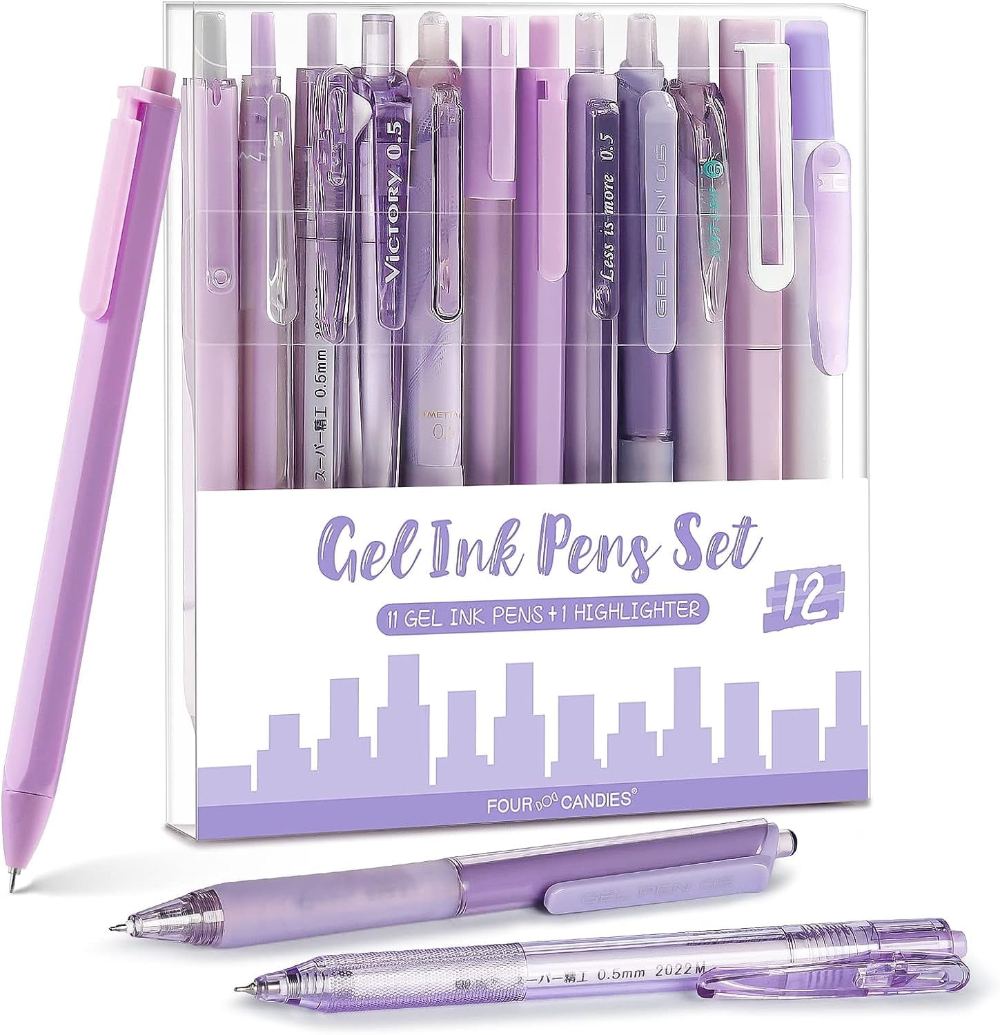Four Candies Retractable Purple Pen Set, 11Pcs Black Ink Gel Pens(0.5mm ...