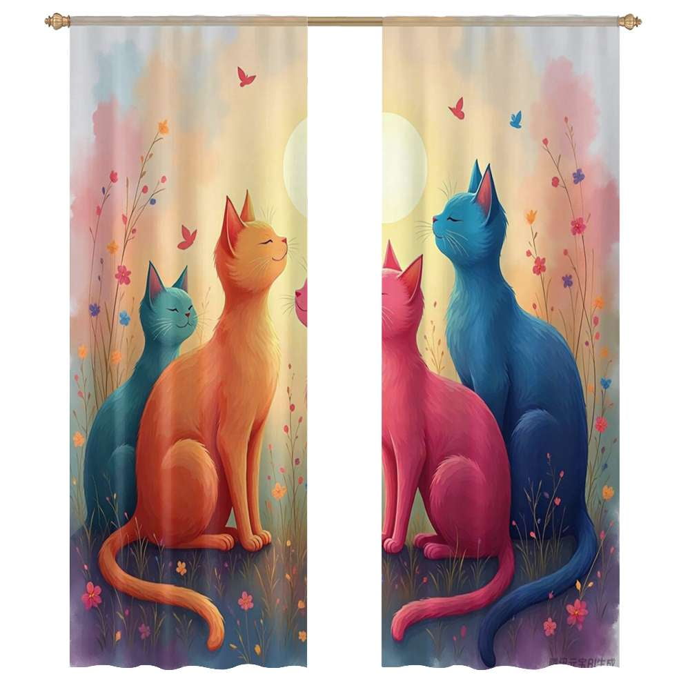 Four Cats In Spring Modern Tulle Window Curtains for Living Room Luxury ...