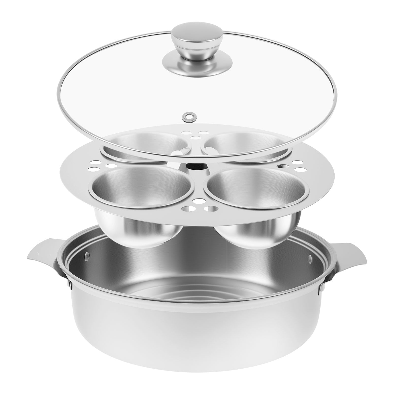 Four-Cup Egg Poacher and Stainless Steel Frying Pan 20cm, Vented Glass ...