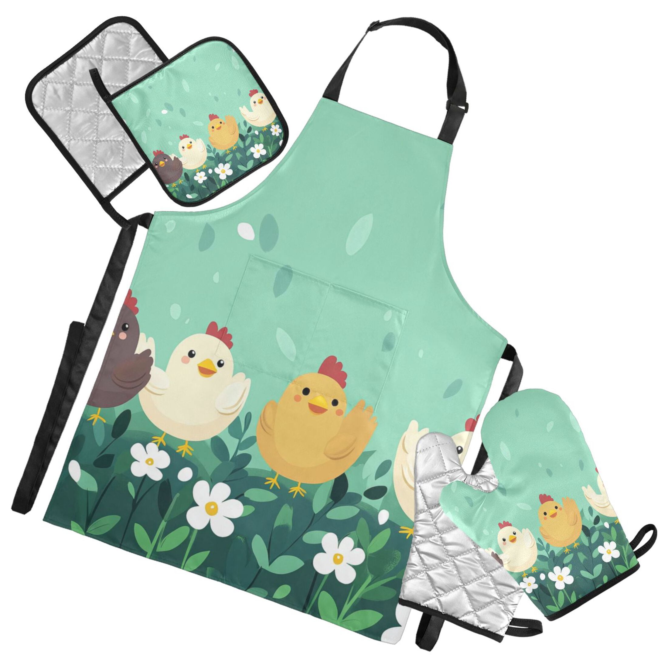 Four Cute Chicks Oven Mitts and Pot Holders with Chef Apron Set 5 Pcs ...