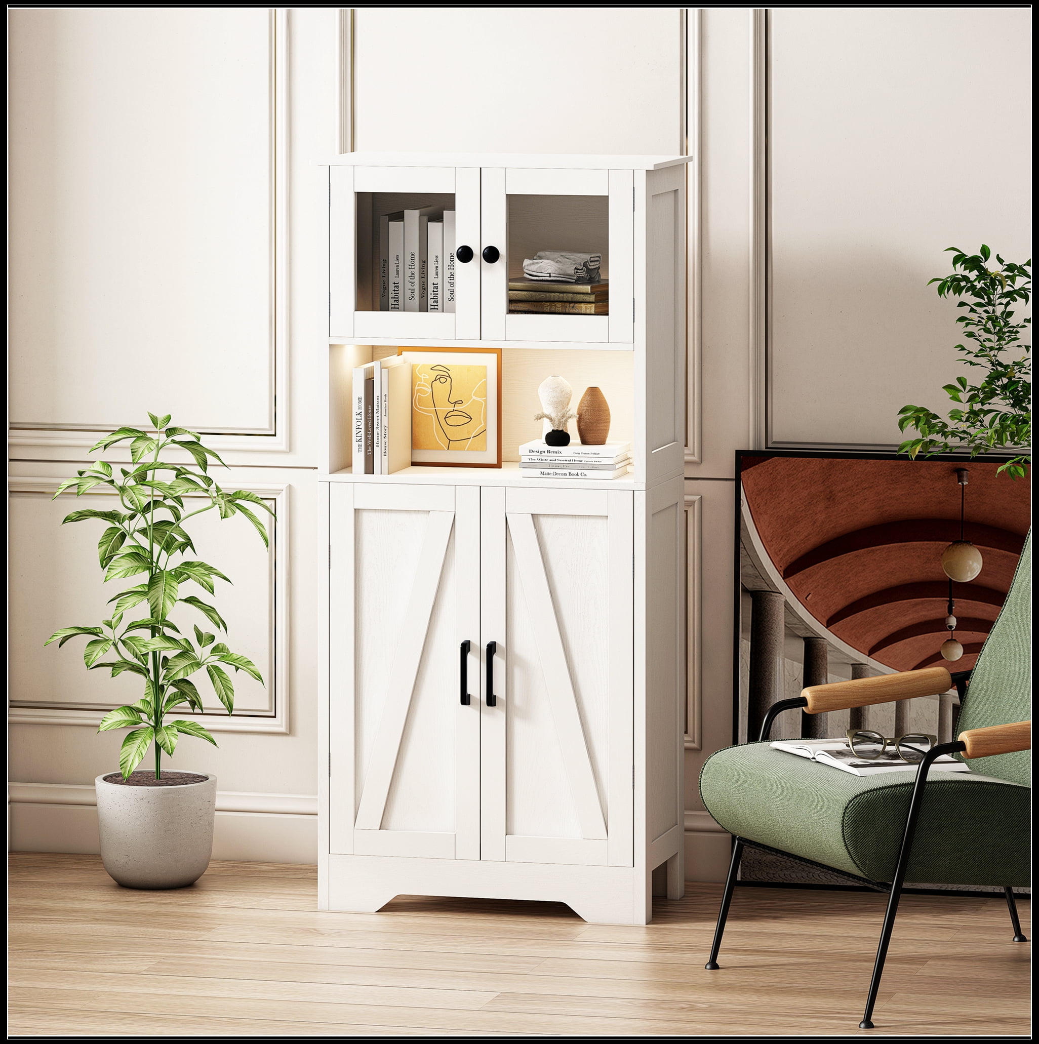 Four Door Storage Cabinets with LED Light, Open Shelf, Display Cabinet ...