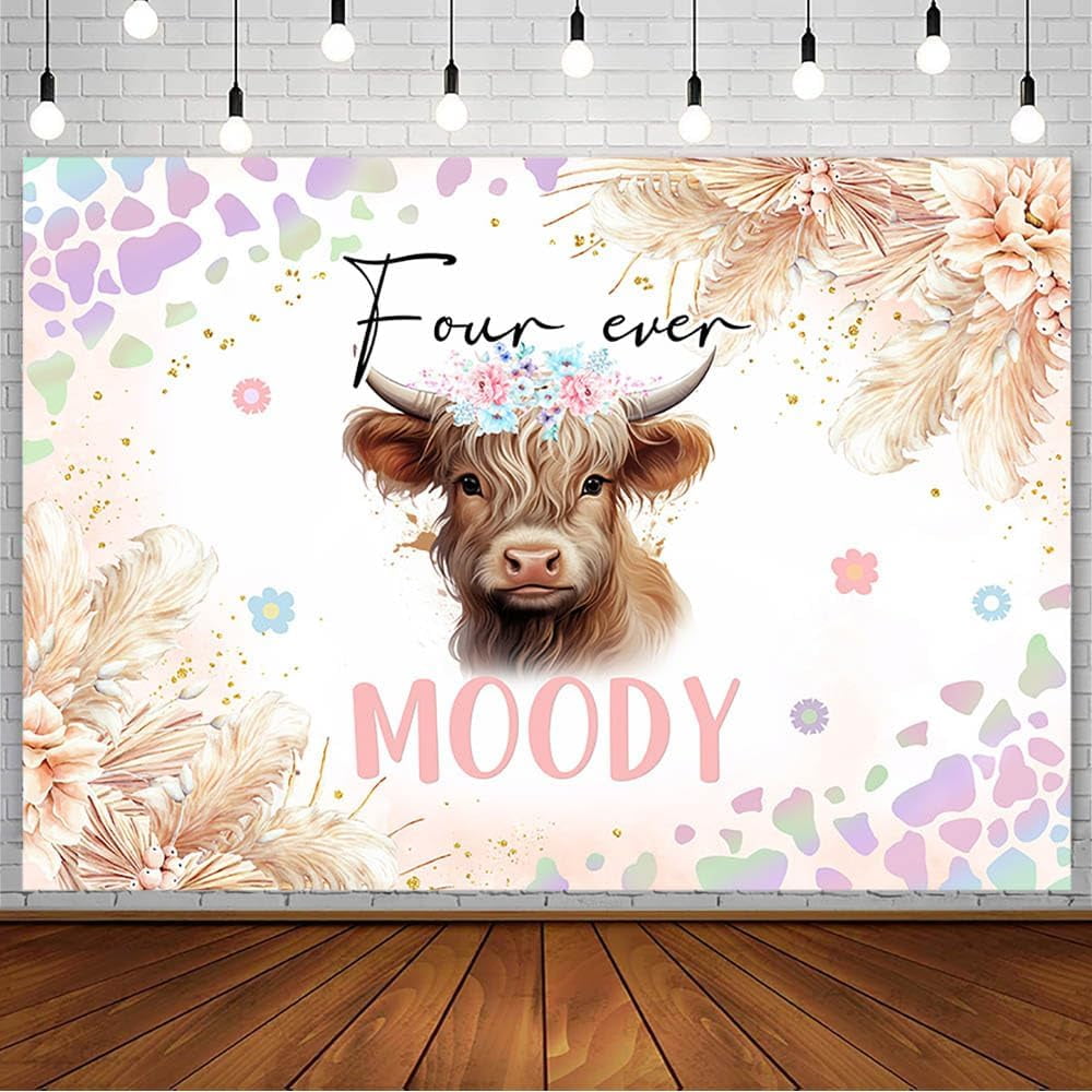Four Ever Moody Birthday Backdrop for Girls Holy Cow Highland Cow 4th ...