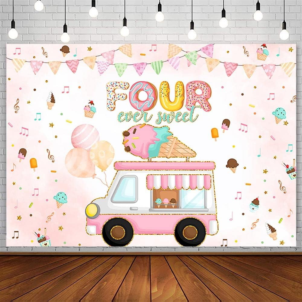 Four Ever Sweet Birthday Backdrop for Girls Ice Cream Truck 4th Birthday Party Decorations ...