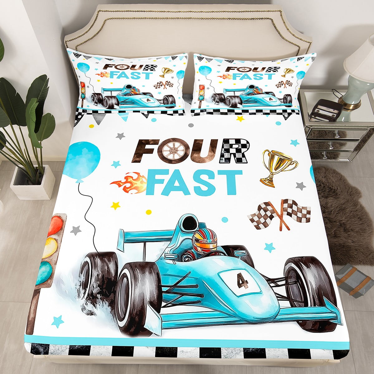 Four Fast Birthday Decorations Fitted Sheet, Race Car Birthday ...