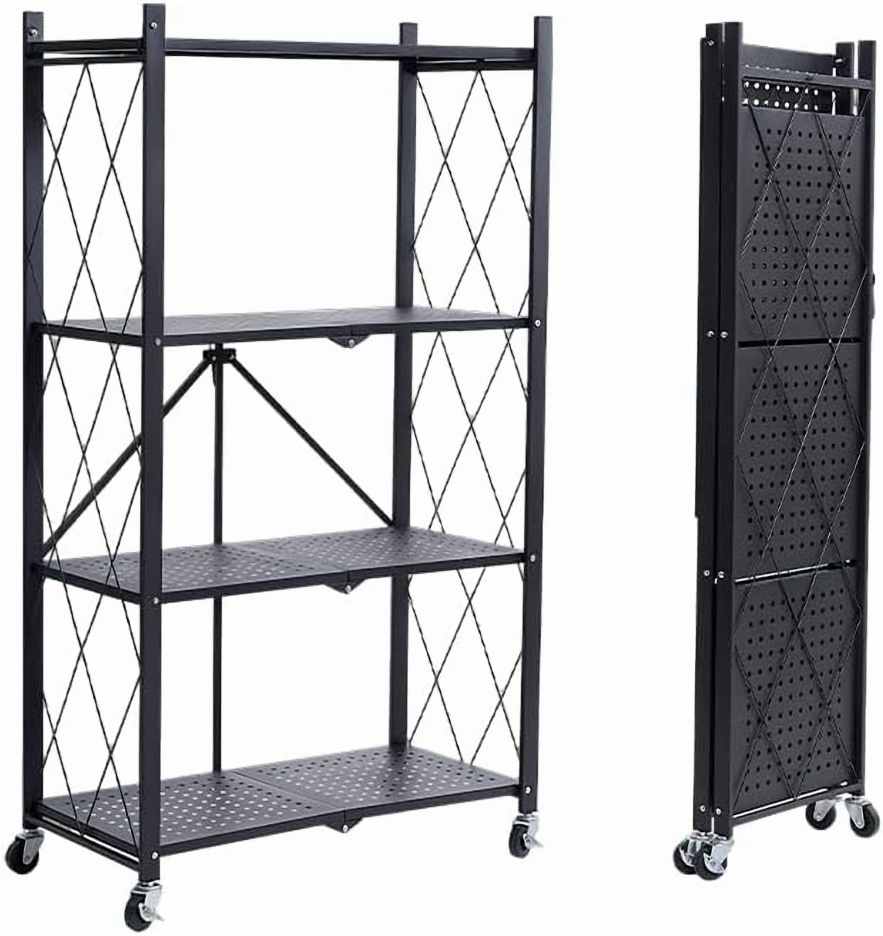 Four-Layer Foldable Storage Metal Shelf with Locking Wheels,Easy ...
