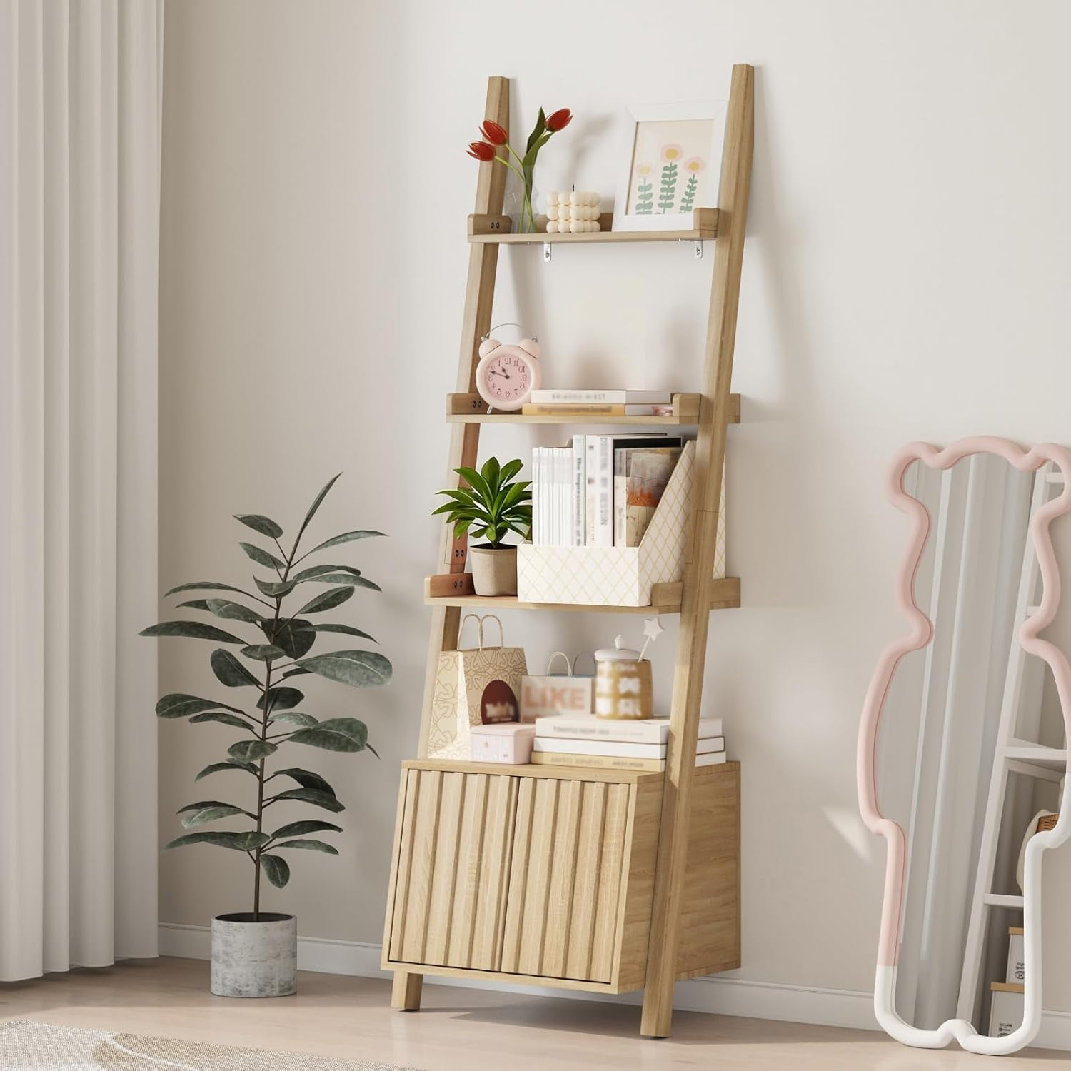 Four-Layer Ladder Bookcase with Storage Function, Modern Display Shelf ...