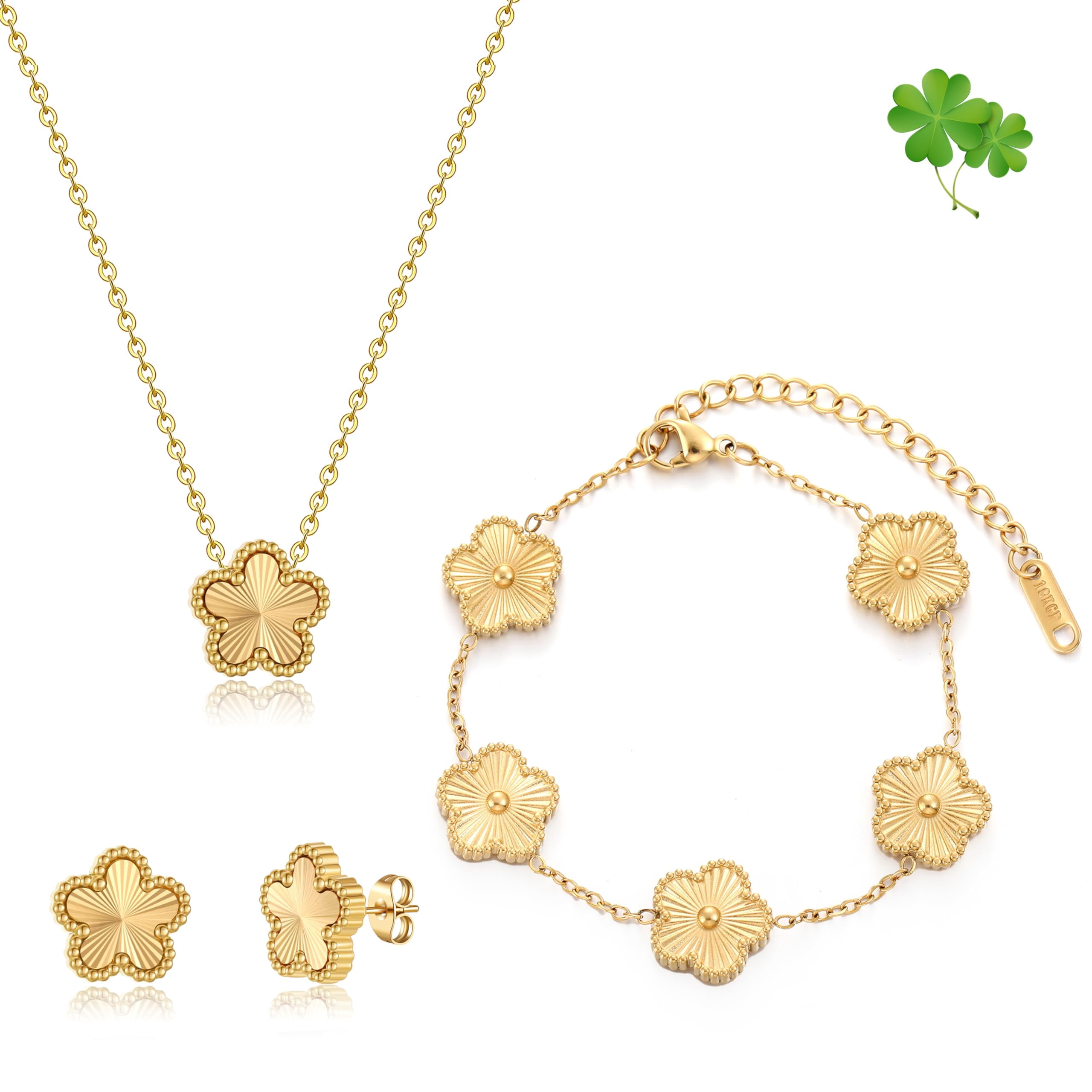 Four Leaf Clover Bracelet Set for Women - 18K Gold Plated Flower Lucky ...