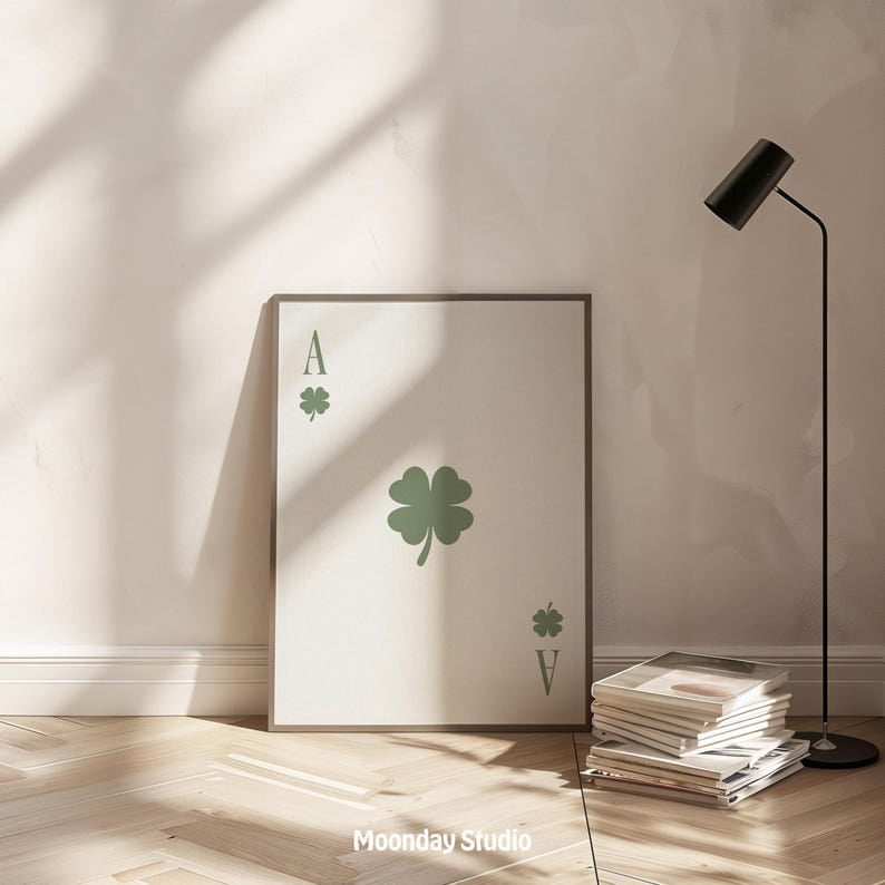 Four Leaf Clover Playing Card Print Sage Green Irish Wall Art Shamrock ...