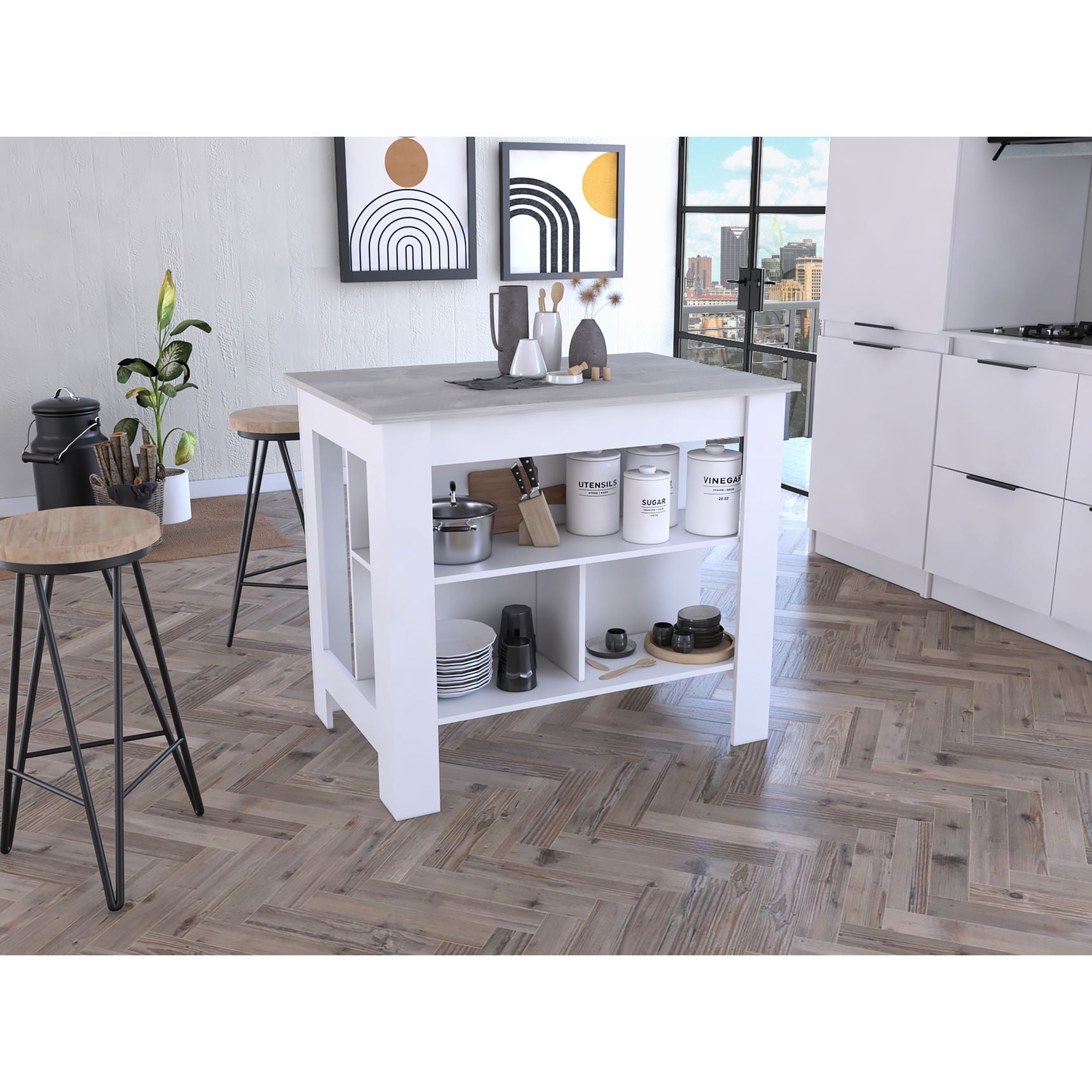 Four - Leg Three - Shelf Kitchen Island / Spacious Leg Room for Meal ...