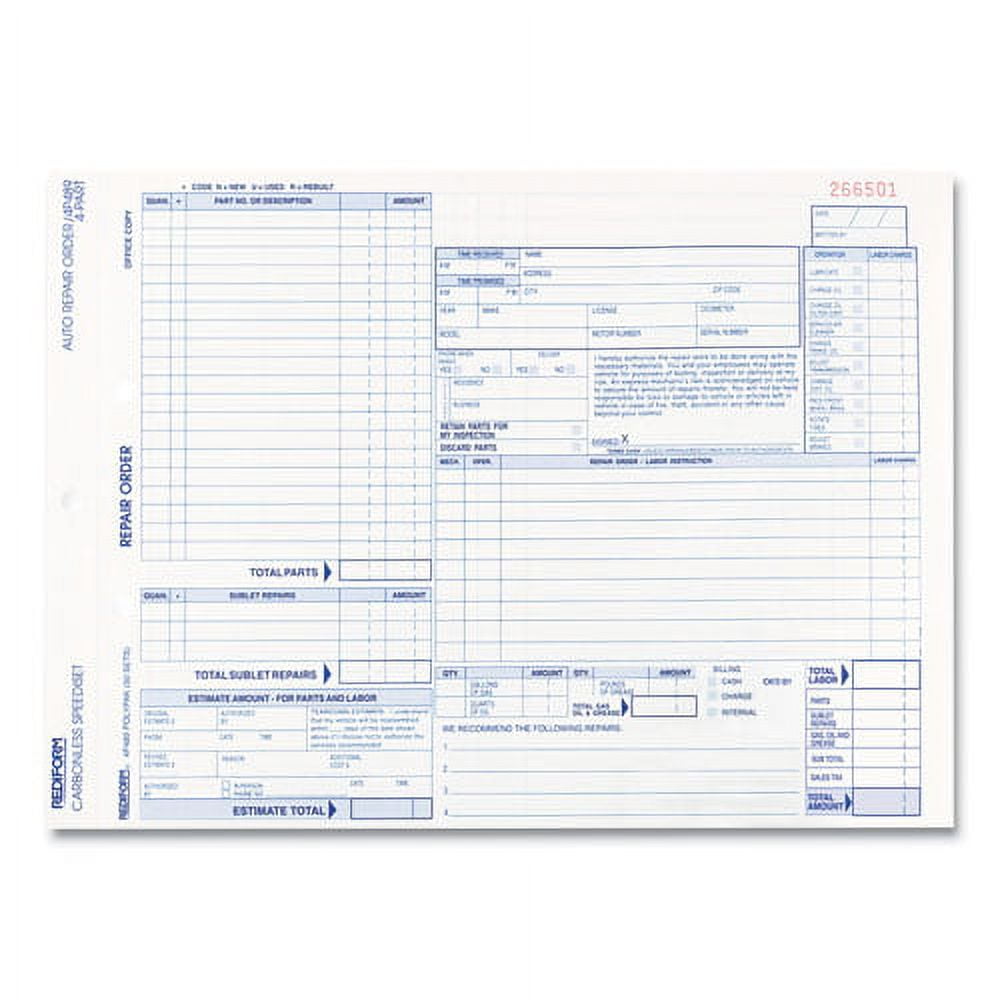 Four-Part Auto Repair Form, Four-Part Carbonless, 11 X 8.5, 1/page, 50 ...