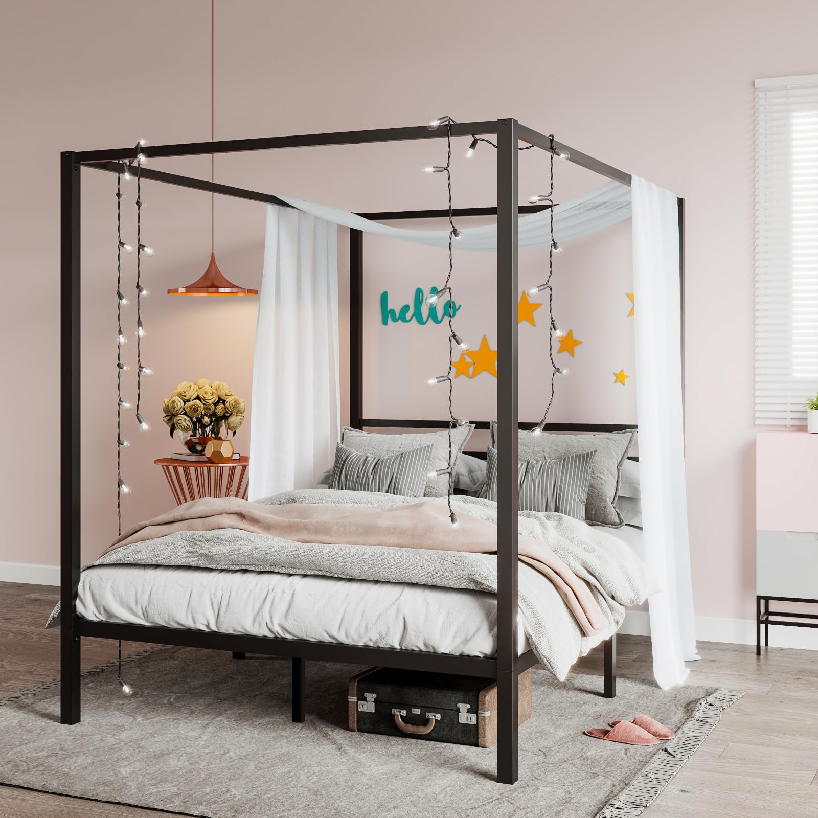 Four Poster Queen Bed Frame with Canopy，Reinforced Metal Slats for Mattress Longevity，Quick ...