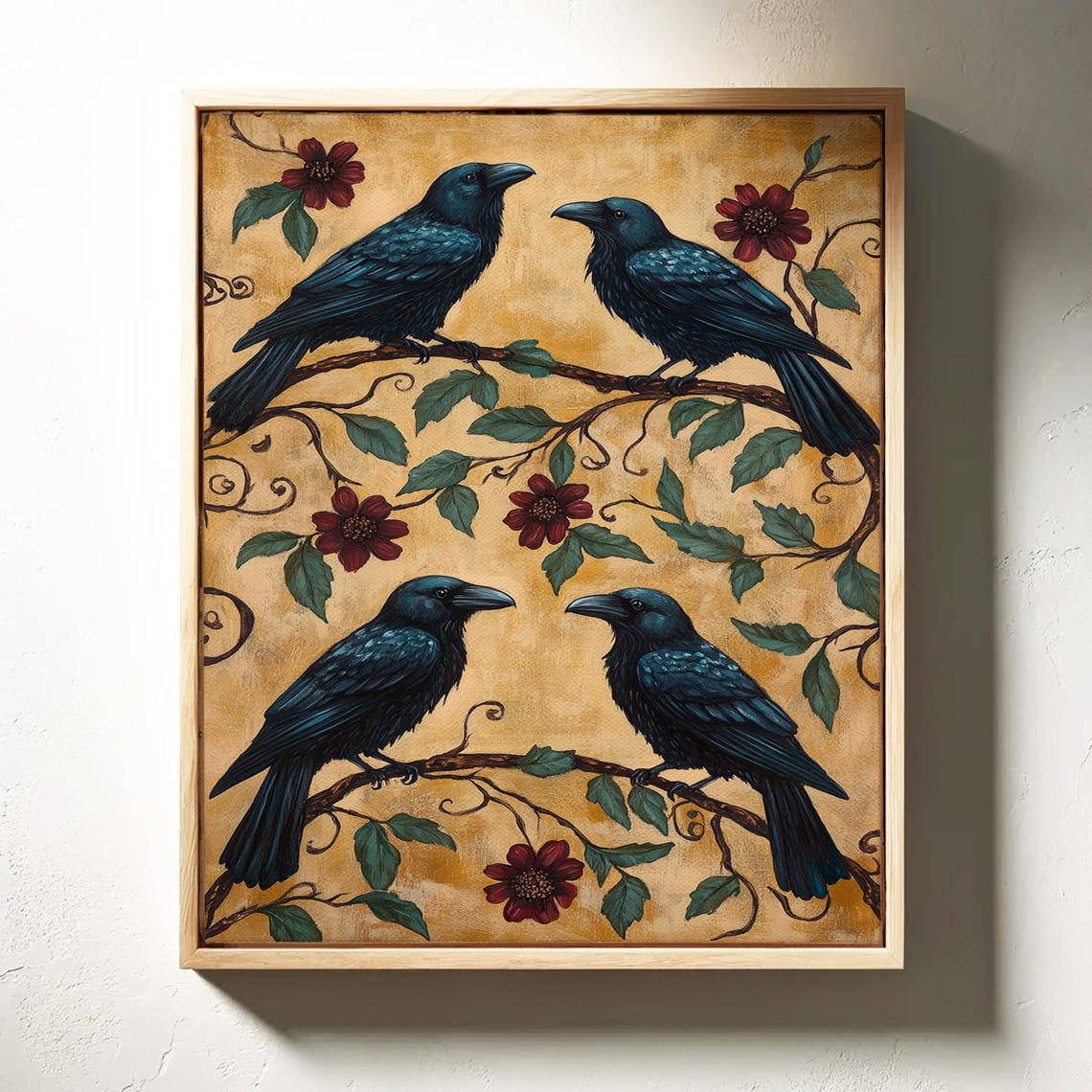 Four Ravens On Branches Art – Vintage Gothic Wall Decor – Floral And ...