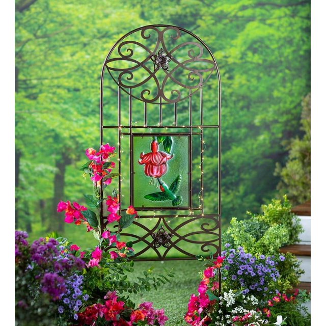 Four Seasons Metal Trellis with Four Painted Glass Inserts and Solar ...