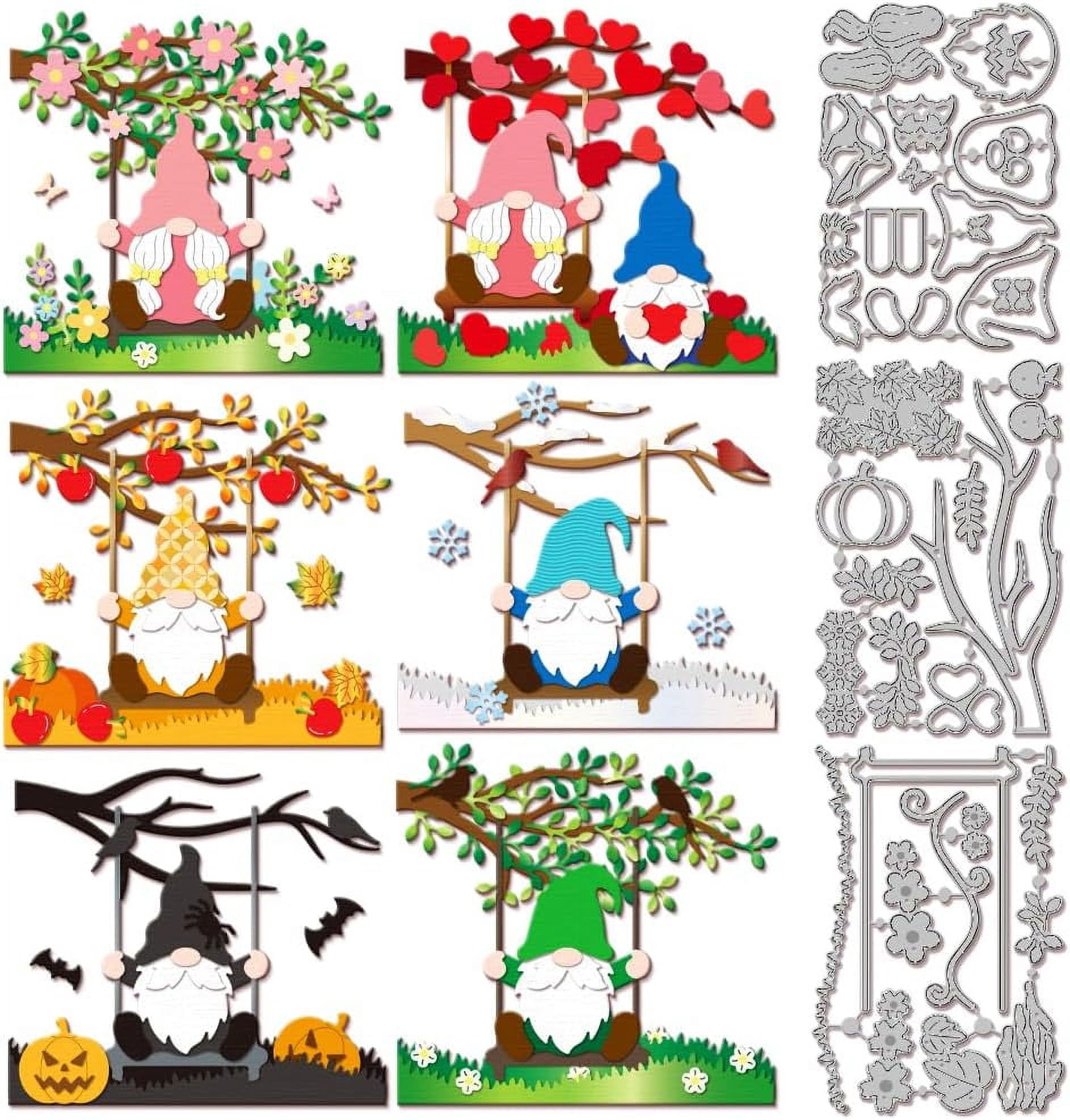 Four Seasons Swing Gnomes Cutting Dies for Card Making Spring Summer Autumn Winter Dwarf Flower ...