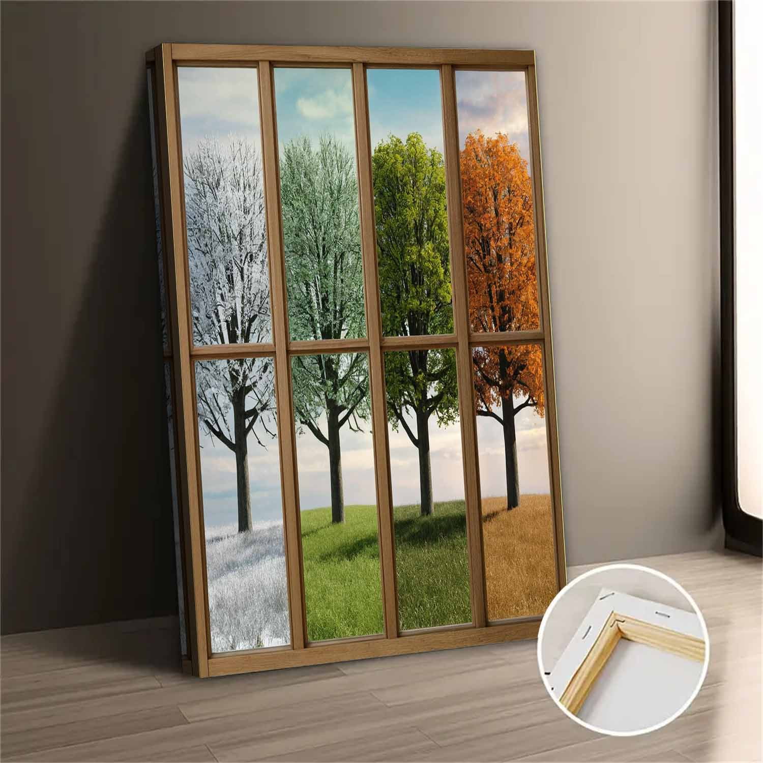 Four Seasons Tree Window Canvas Wall Art - Modern Abstract Print For ...