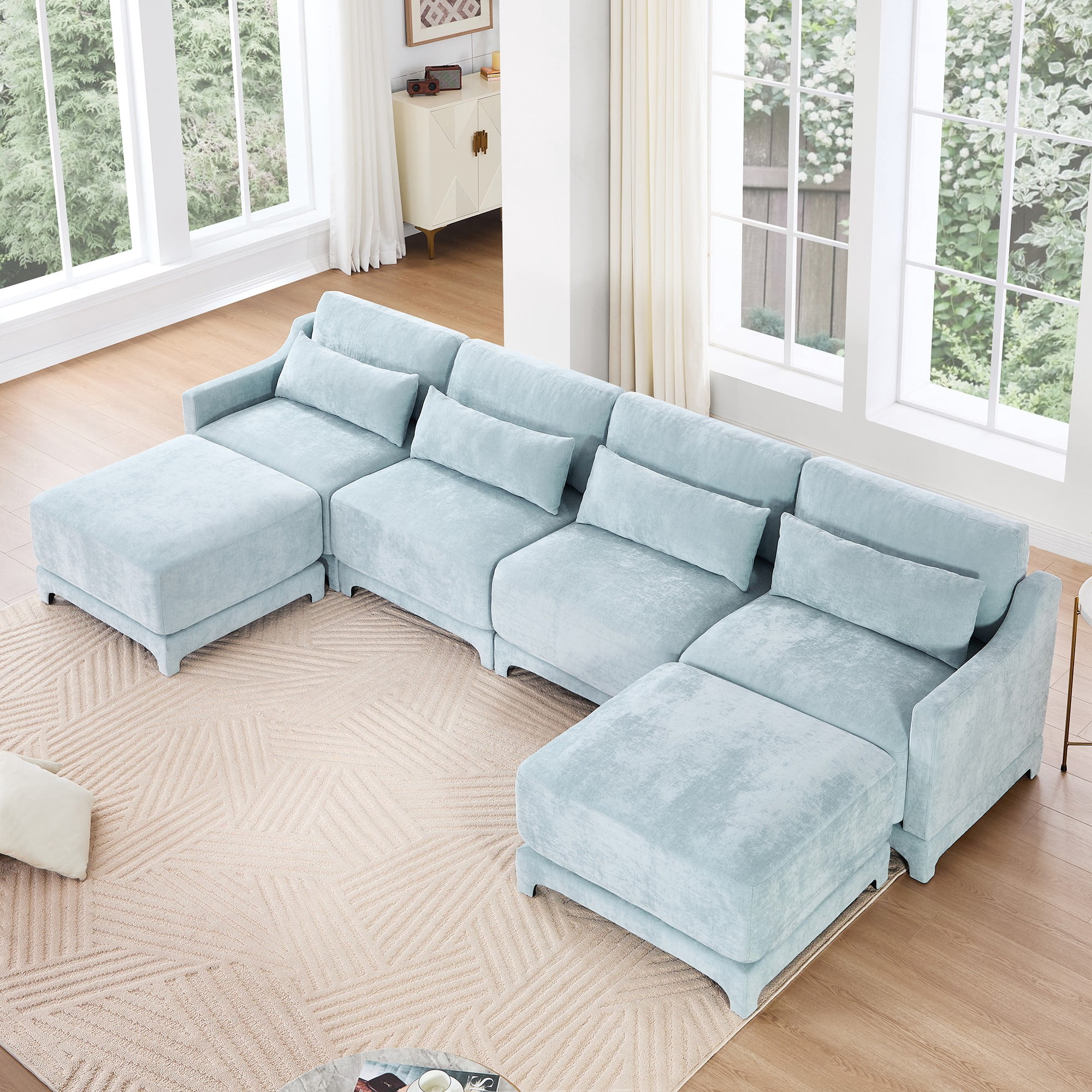 Four - Seater Sofa, 2 Movable Ottoman, Lumbar Pillow, Chenille Fabric ...