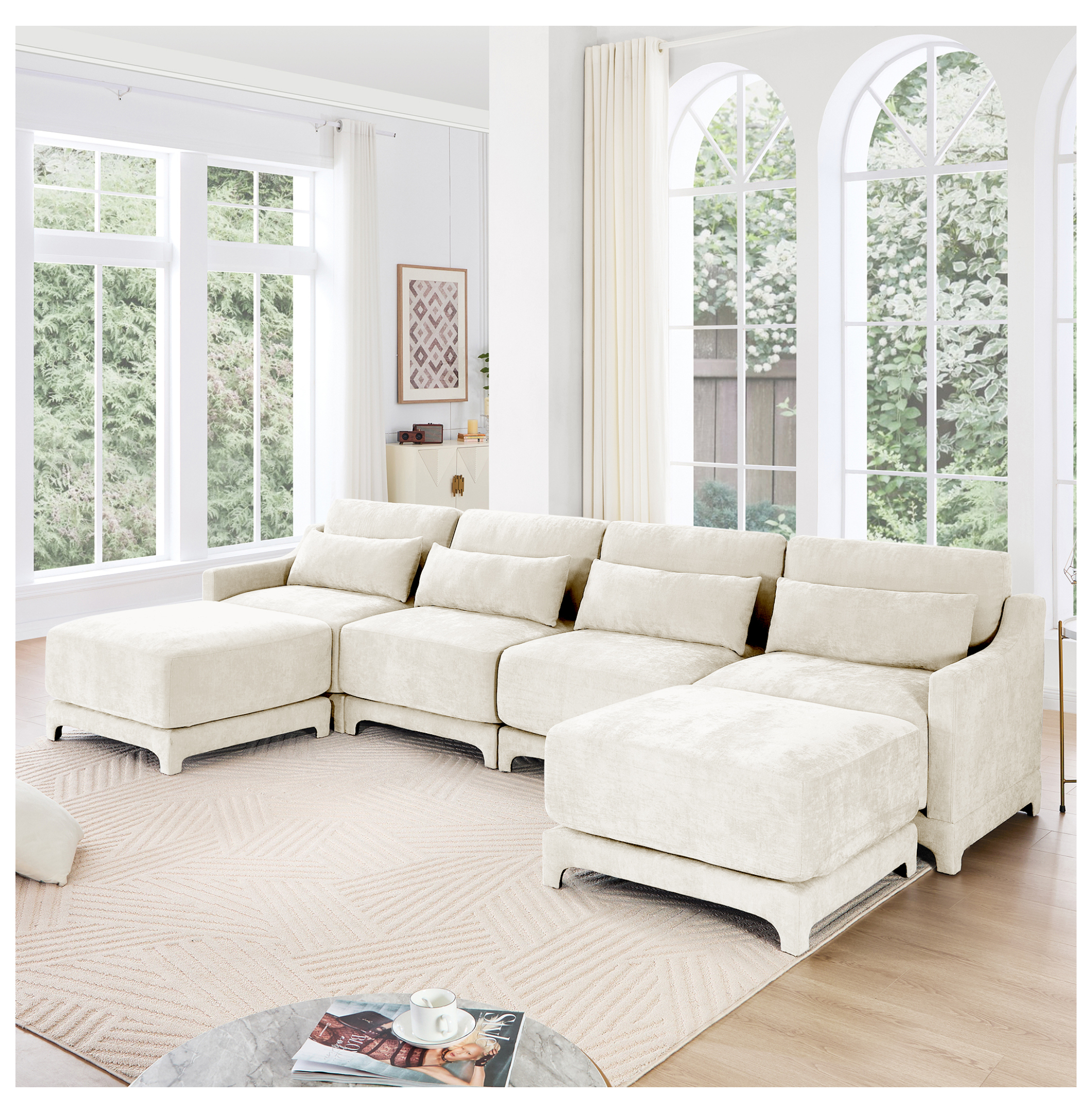 Four-Seater Sofa with Ottoman, Chenille Fabric Living Room Couch ...