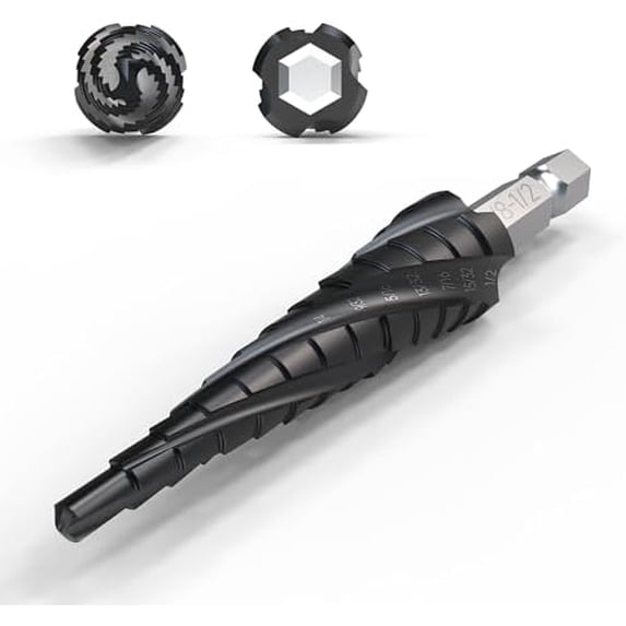 Four Spiral Flute Step Drill Bit, 1/8" - 1/2"(13 Sizes) 1/4" Hex Shank ...