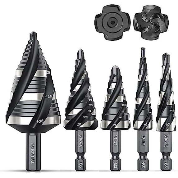 Four Spiral Flute Step Drill Bit Set, 5 count Step Drill Bits (1/8"-/8 ...