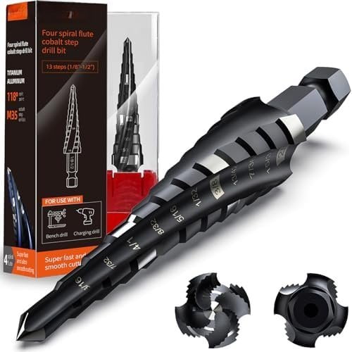 Four Spiral Flute Step Drill Bits,1/8"-1/2"(13 Step Size) Impact Unibit ...