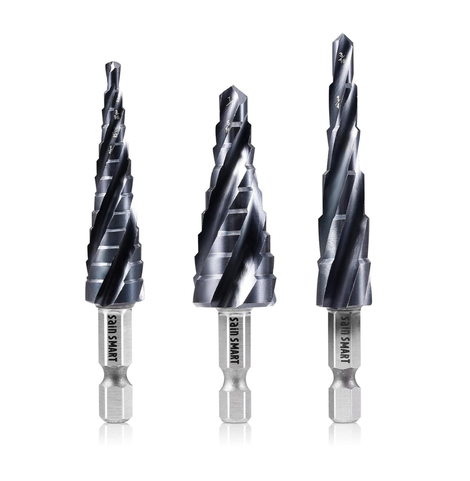 Four Spiral M35 Cobalt Step Drill Bits Set, 3PCS 1/8”-1/2” TiAIN Coated Step Drill Bit with 1/4 ...