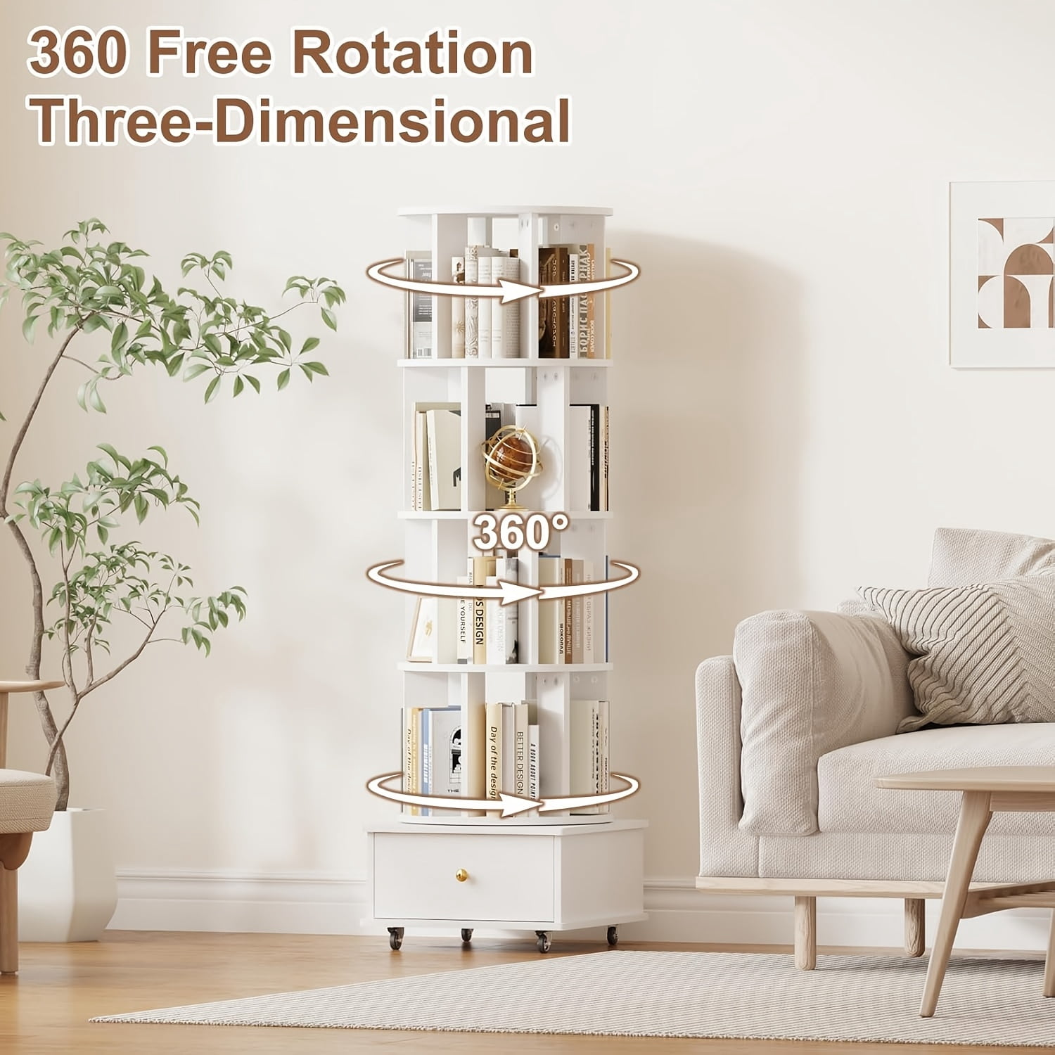 Four-Tier 360° Rotating Bookshelf with Wheels and Drawers, Narrow Solid ...
