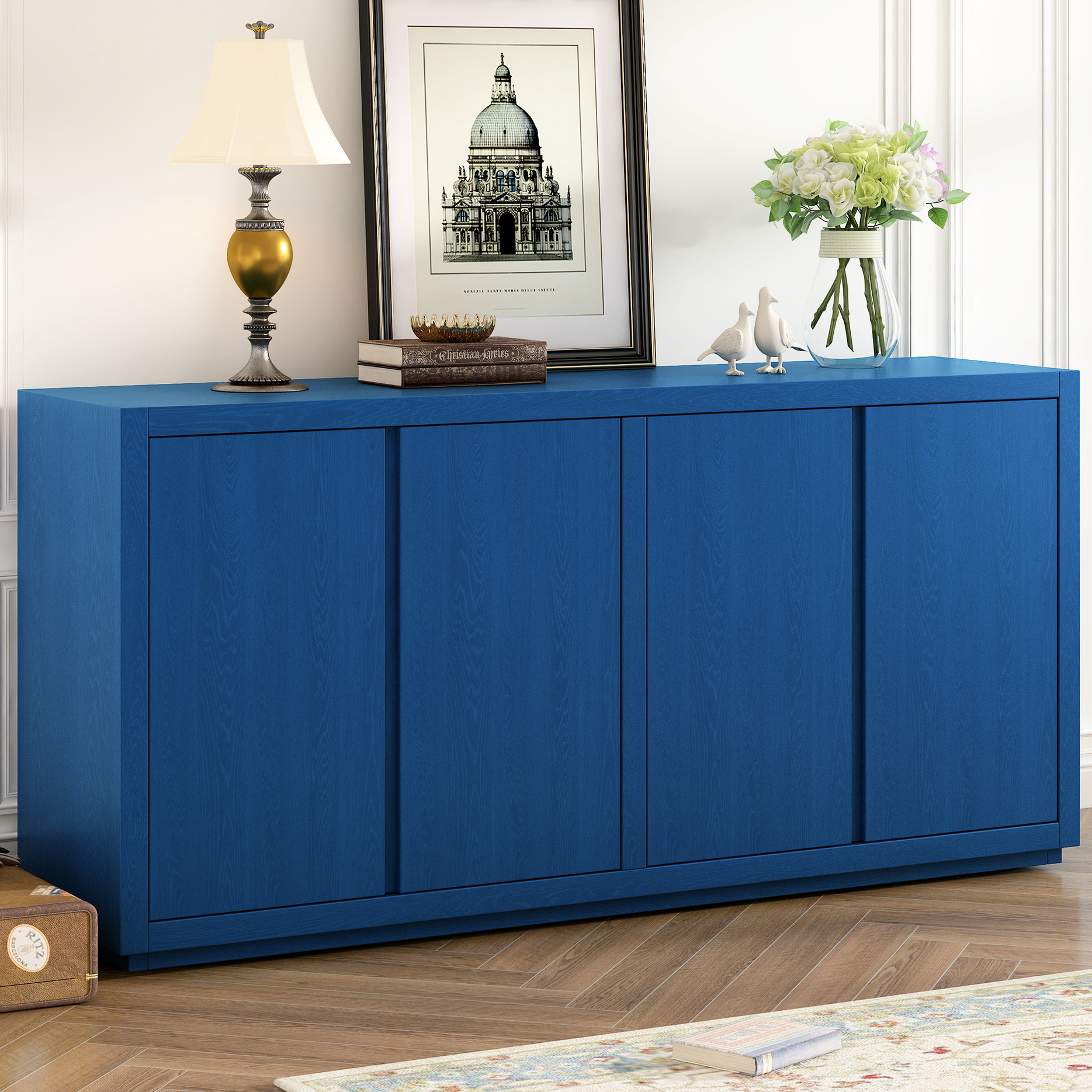 Four-door Ash Veneer Wardrobe - , Adjustable Shelves, Navy Blue ...