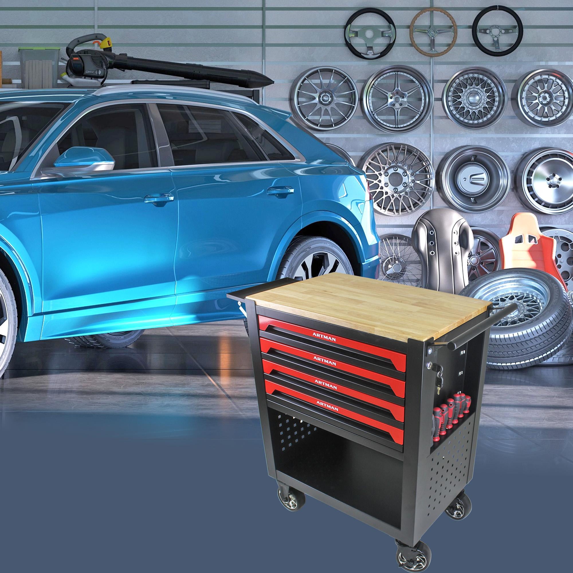 Four-drawer multifunctional tool cart with wheels and wooden top, large ...