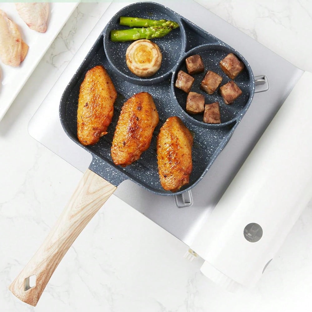 Four-hole non-stick aluminum breakfast pan with wooden handle, egg and ...