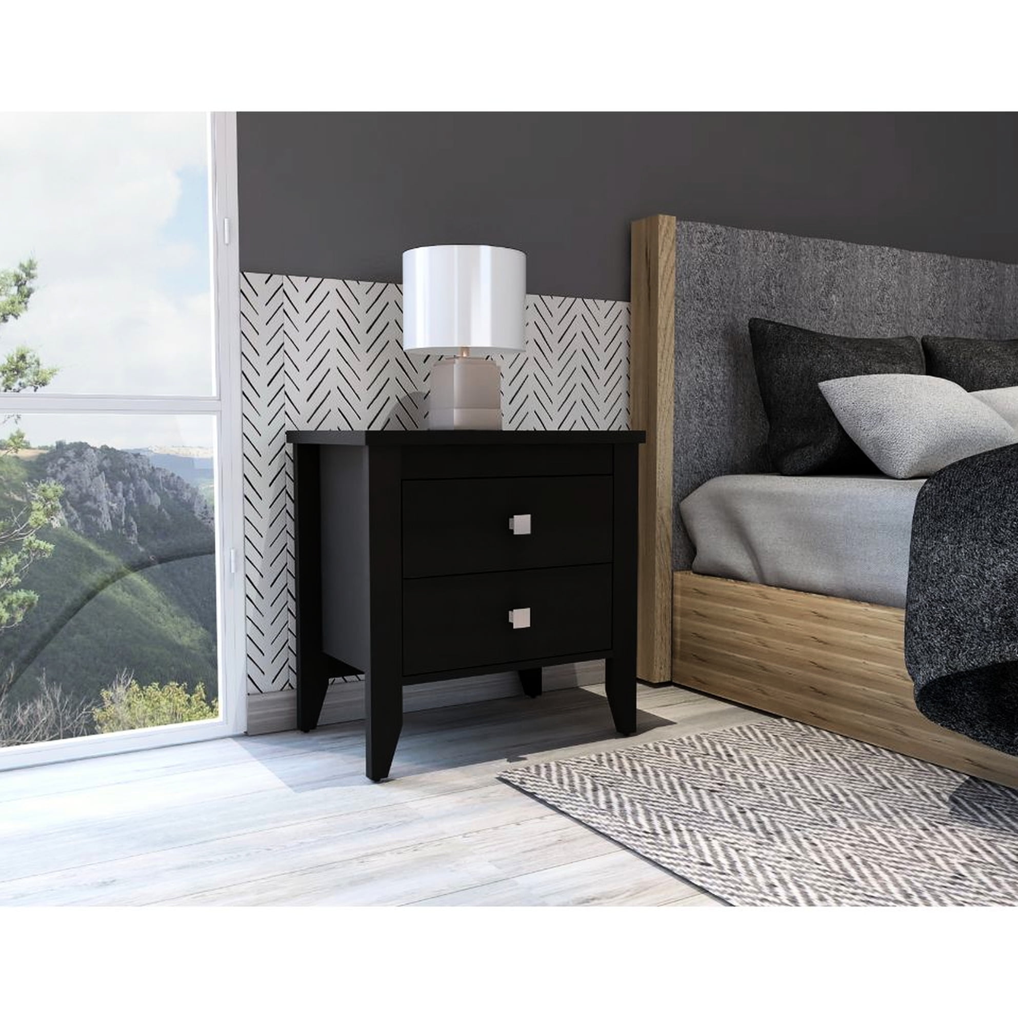 Four-legged Black Bedroom Nightstand With Two Functional Drawers ...