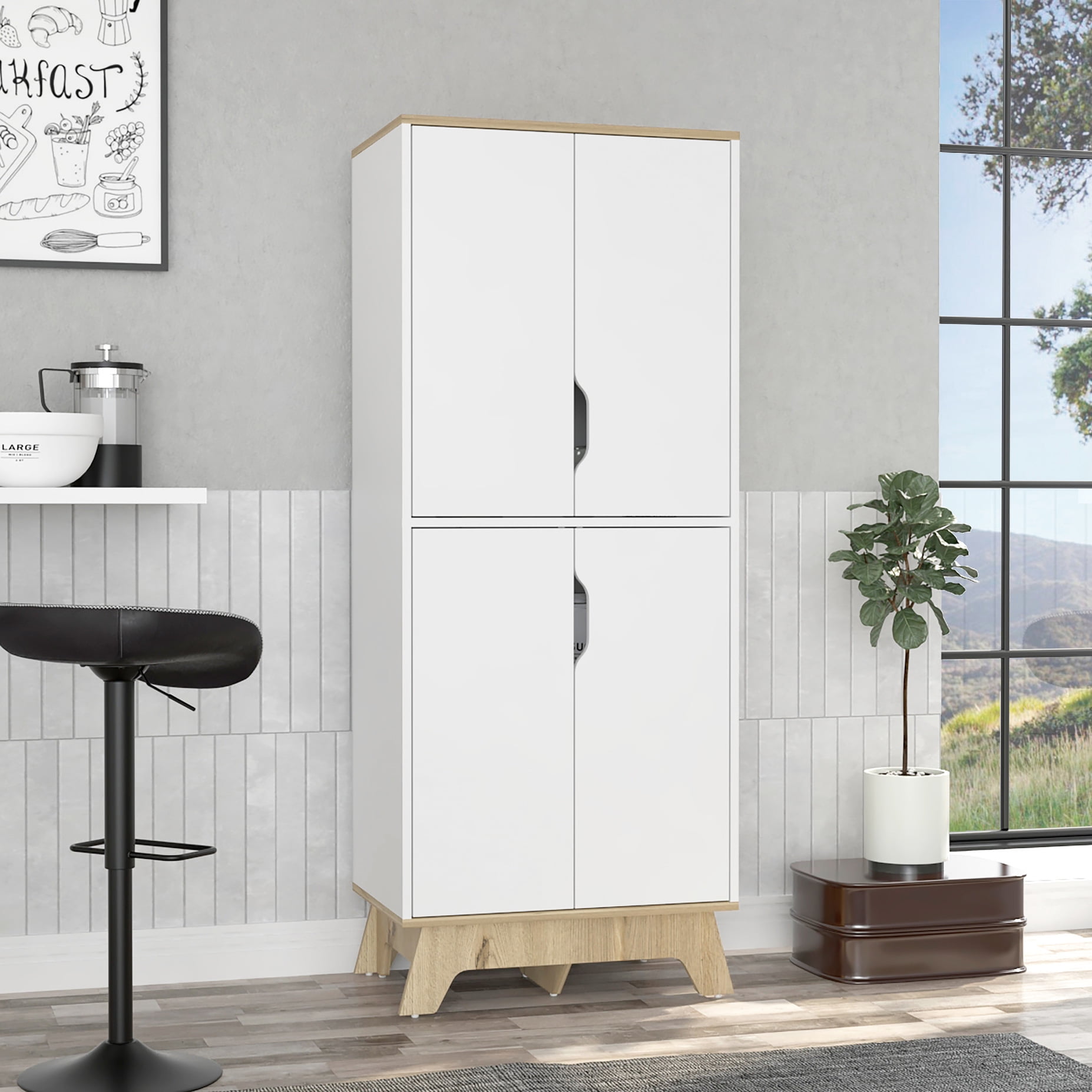 Four - legged base - Ample storage in four - door design - Kitchen area ...