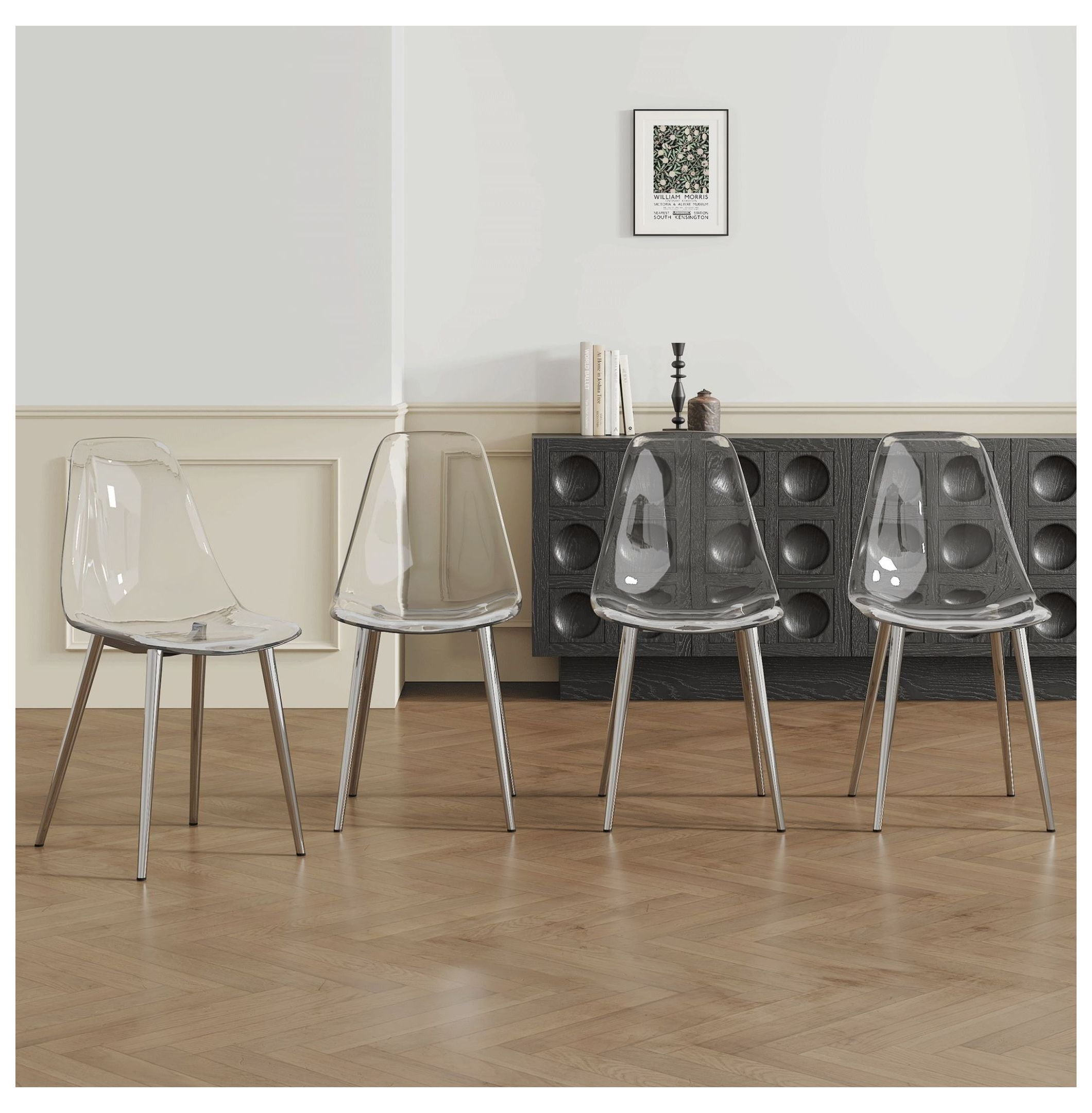 Four transparent plastic dining chairs: stylish design, silver metal ...