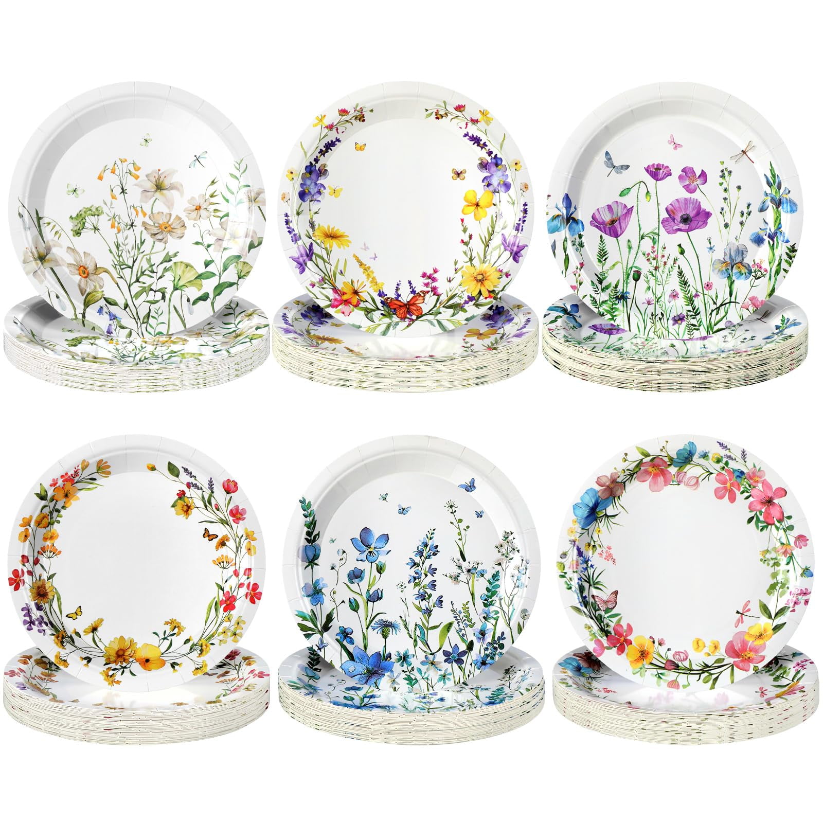 Fourluoo 96 Pcs Spring Wildflower Paper AFN1Plates Disposable 7 Inch ...