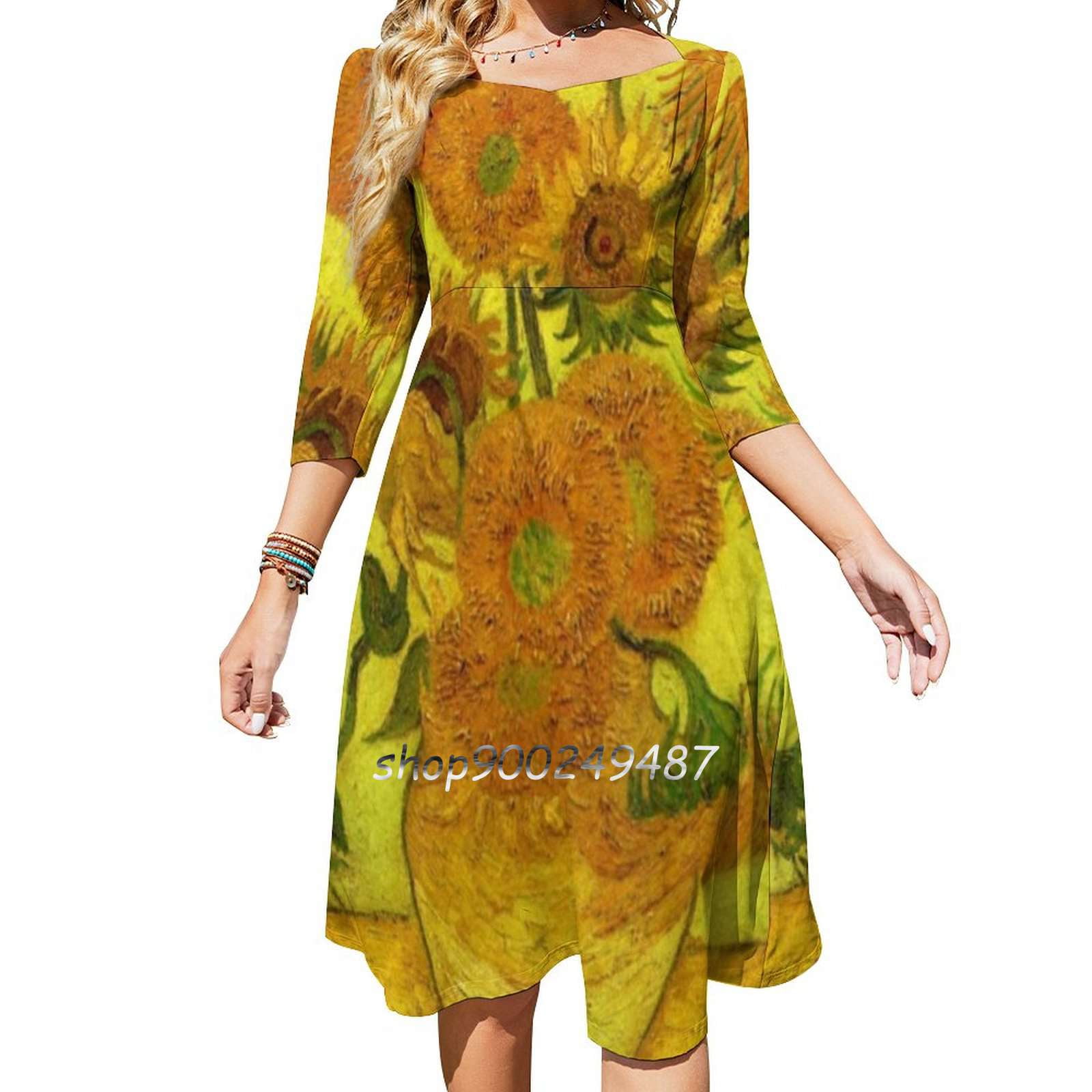 -Fourteen Sunflowers 1889 Famous Painting Square Neck Dress Sweet ...