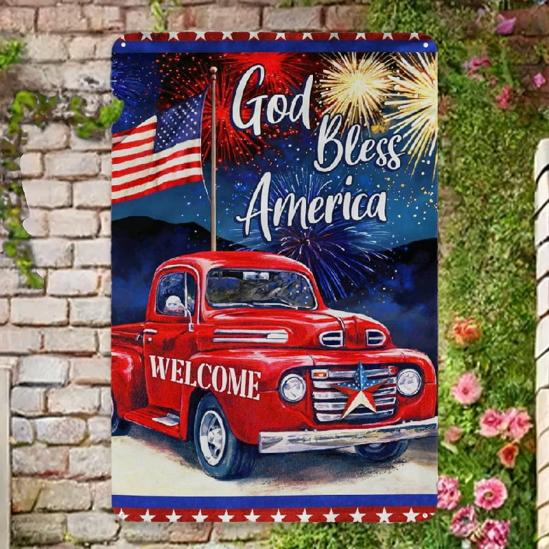 Fourth of July 4th Patriotic Truck Burlap Metal Sign 8x12, God Bless America Freedom ...