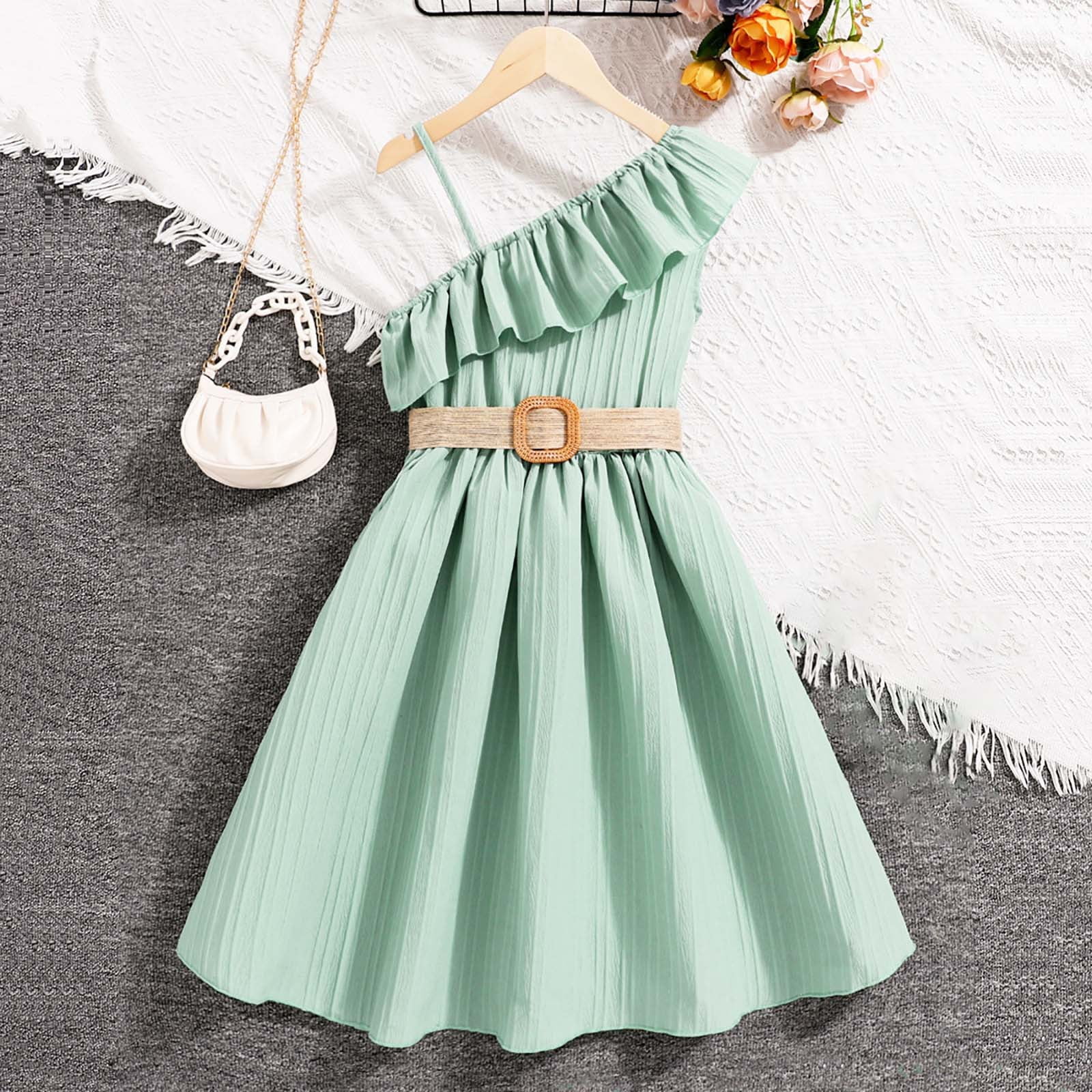 8-12T Girls Sweet Princess Dresses Fashion Ruffles Slanted Cold ...