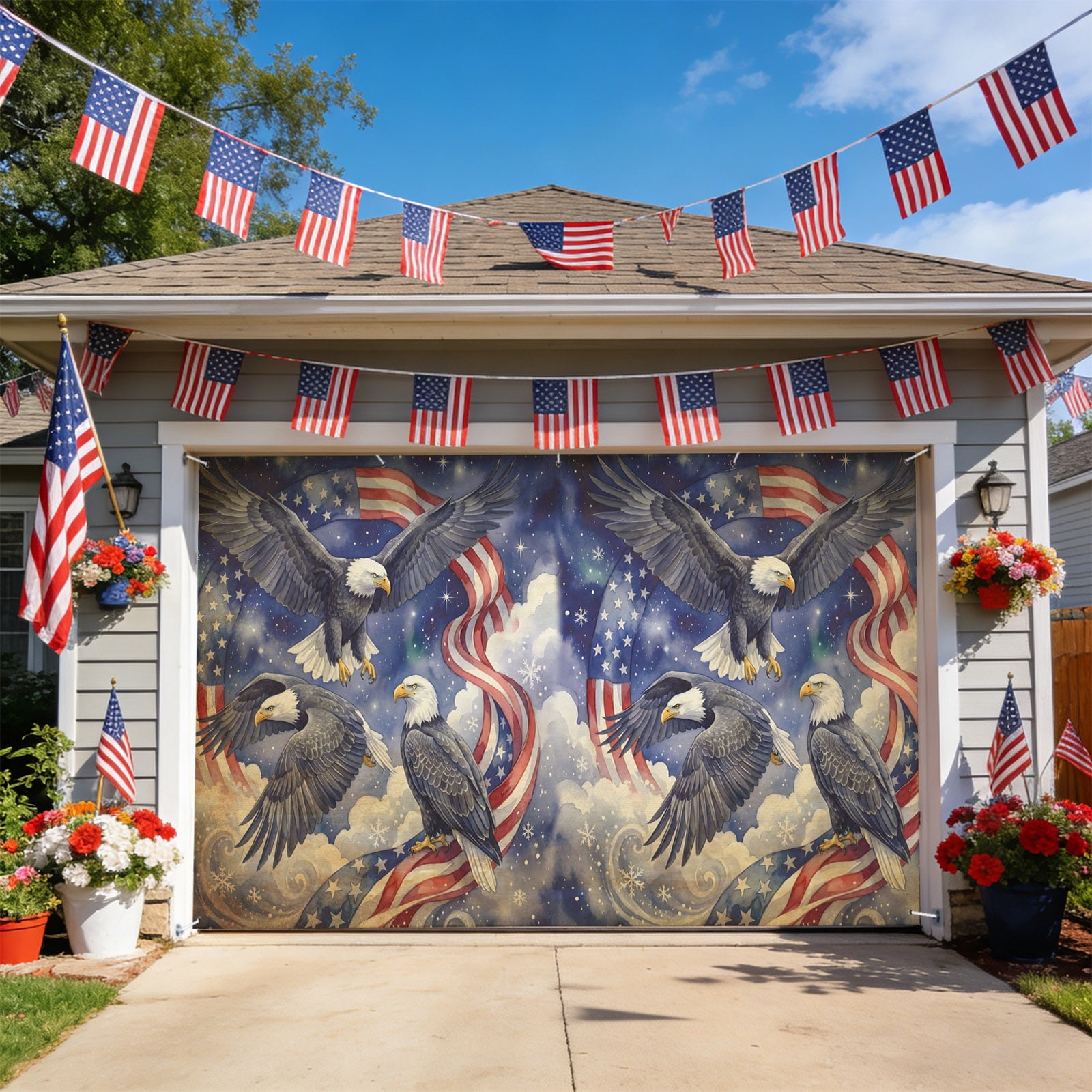 Fourth of July Garage Door Cover 7 x 16 ft USA Flag Patriotic Eagle ...