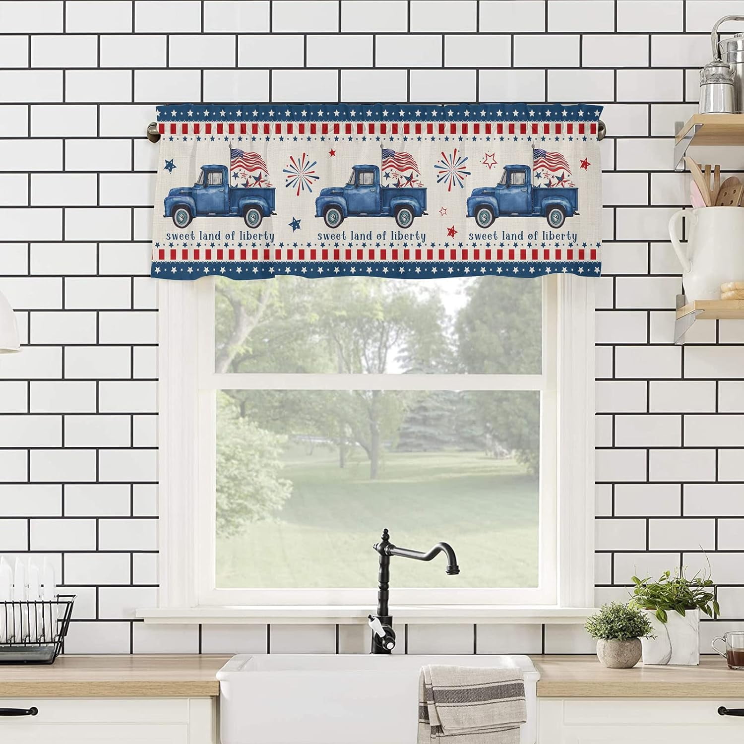 Fourth of July Kitchen Curtain Valances Drapes US Flag Blue Truck ...