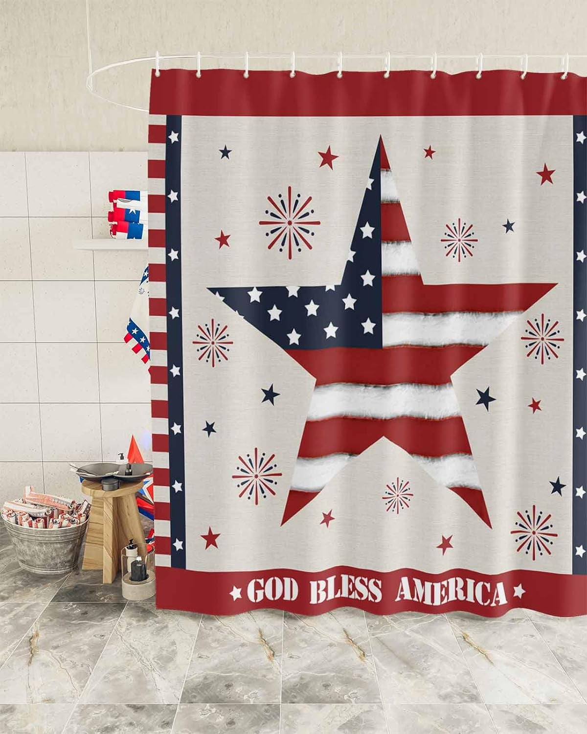 Fourth of July Stars Shower Curtain, American Firework Shower Curtain ...