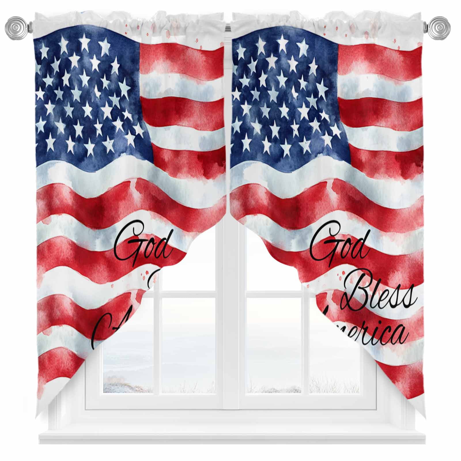 Fourth of July Swag Curtains God Bless American USA Flag Kitchen Swag Valance Rod Pocket Curtain ...