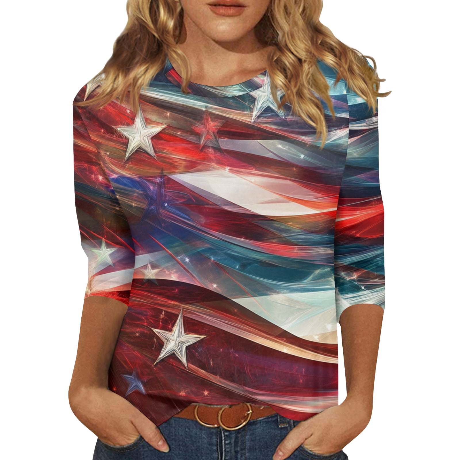 Usa Shirts Women Red Blue and White Tie Dye 3/4 Sleeve Tees Stripe Crew ...