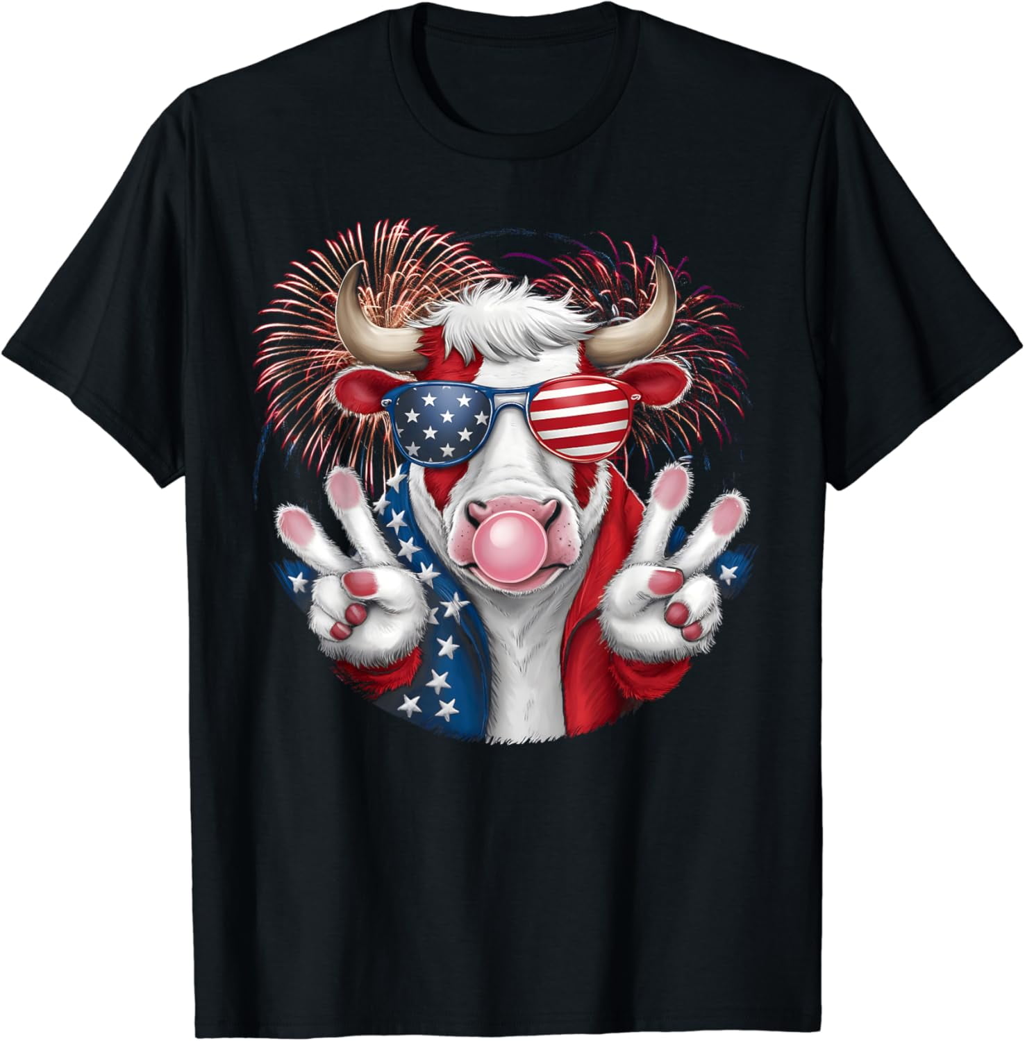 Fourth of July Firework Bull cow Patriotic American Flag T-Shirt ...