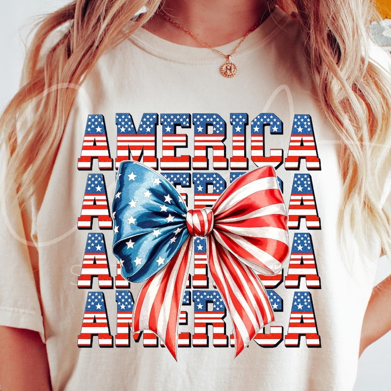 Fourth of July T-Shirt, Retro Stacked America Tee with Coquette Style ...
