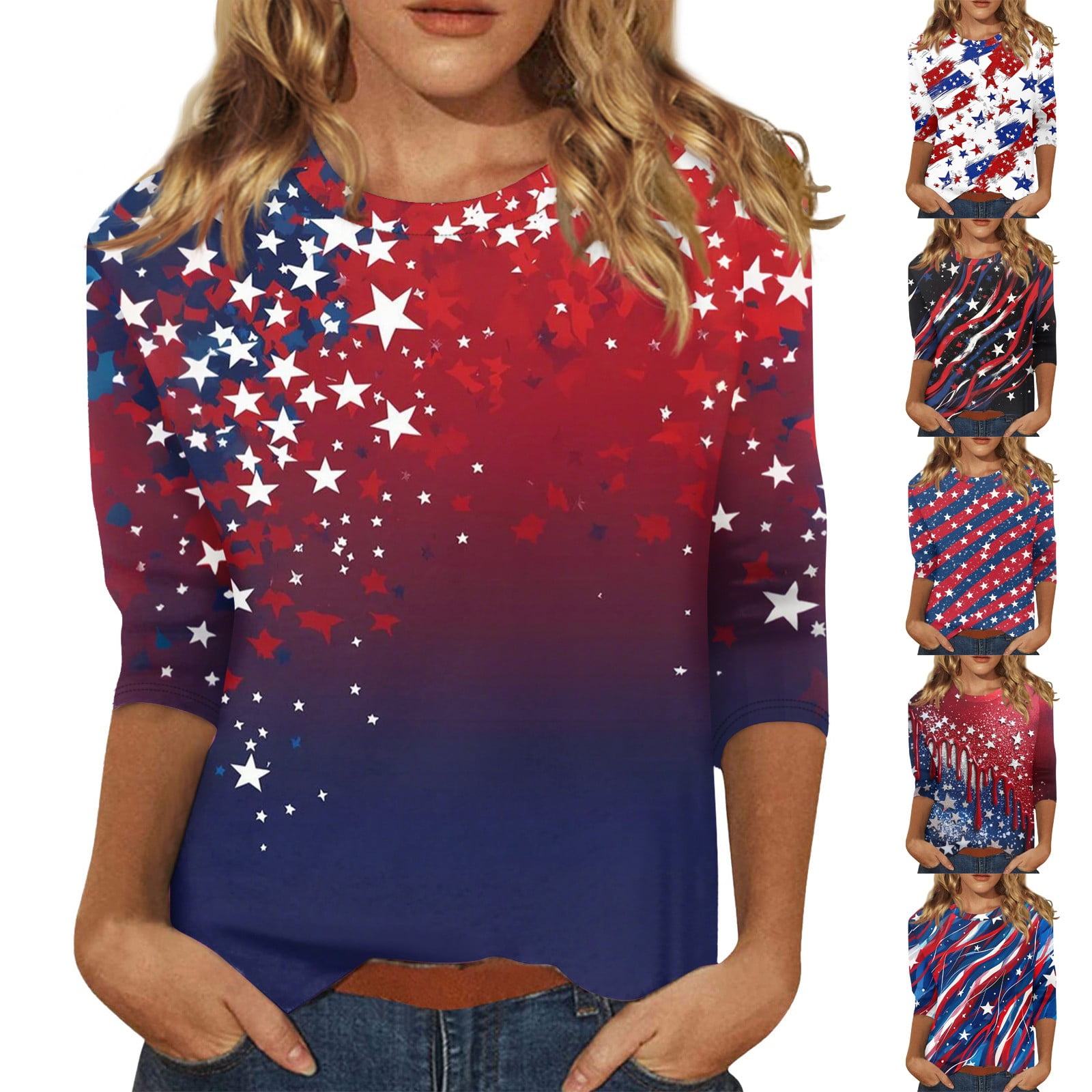 Fourth of July Tops for Women Red White Blue Flag Print 3/4 Sleeve Crew ...