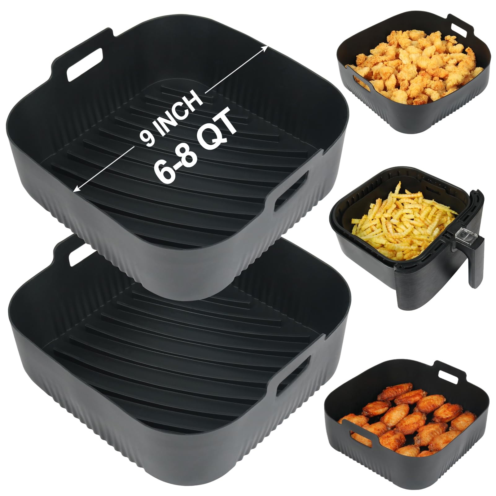 Fourthline 9 Inch Square Silicone Air Fryer Liners for 5.5 to 9 QT, Set ...