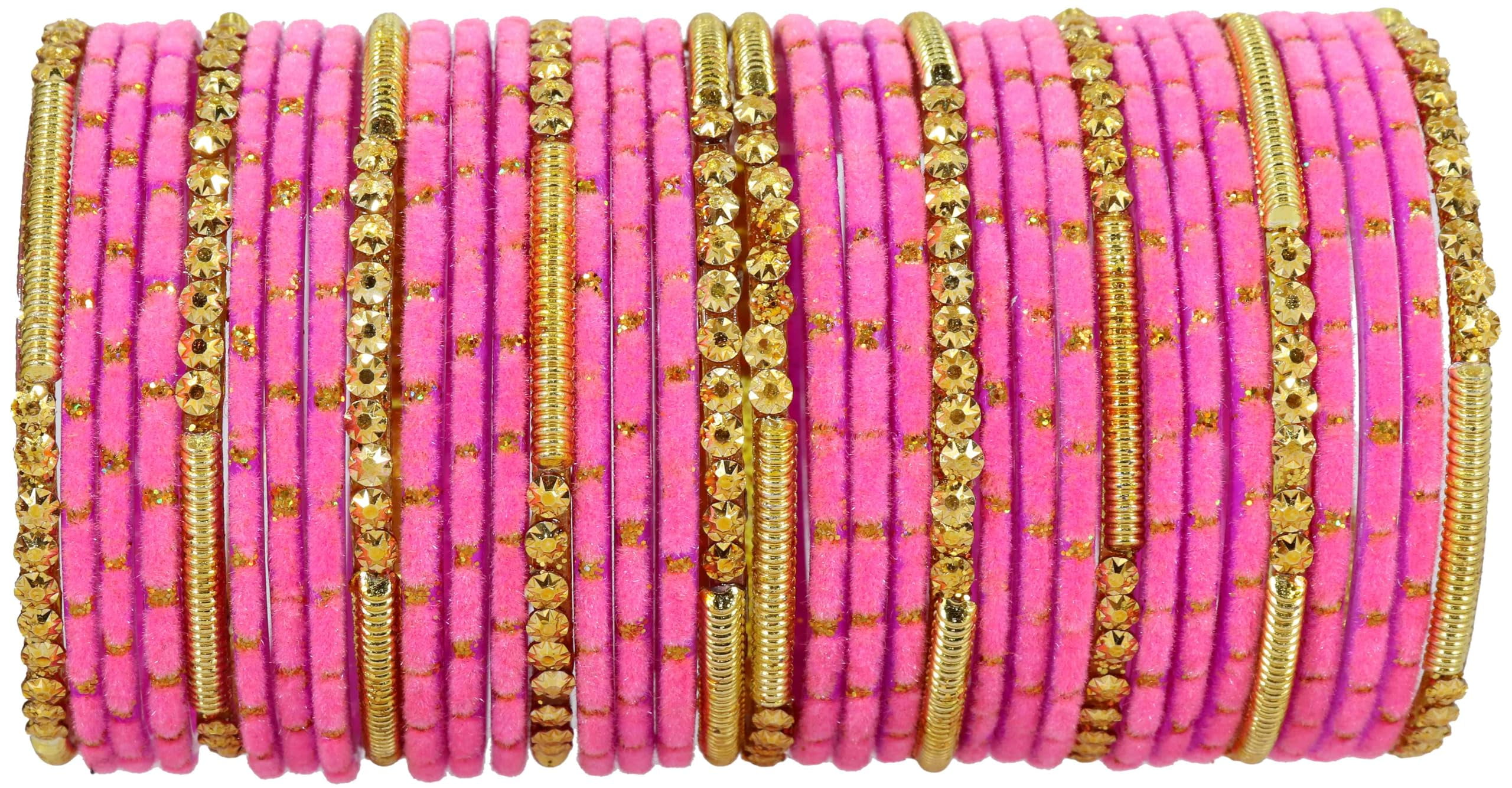 Fourthline Fancy Glass Golden Beads & Polka Dots Velvet Bangles Set For ...