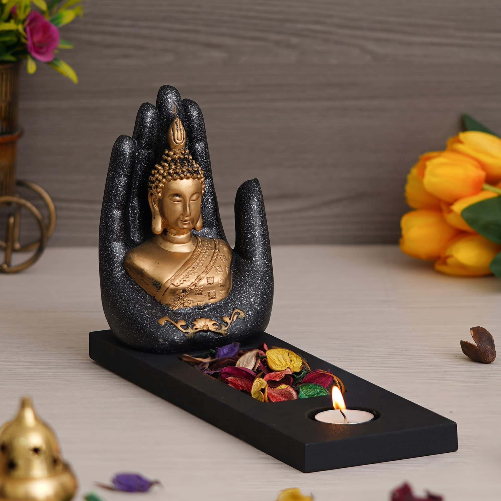 Fourthline Grey Golden Resin Palm Buddha Statue Tea Light Candle Holder ...