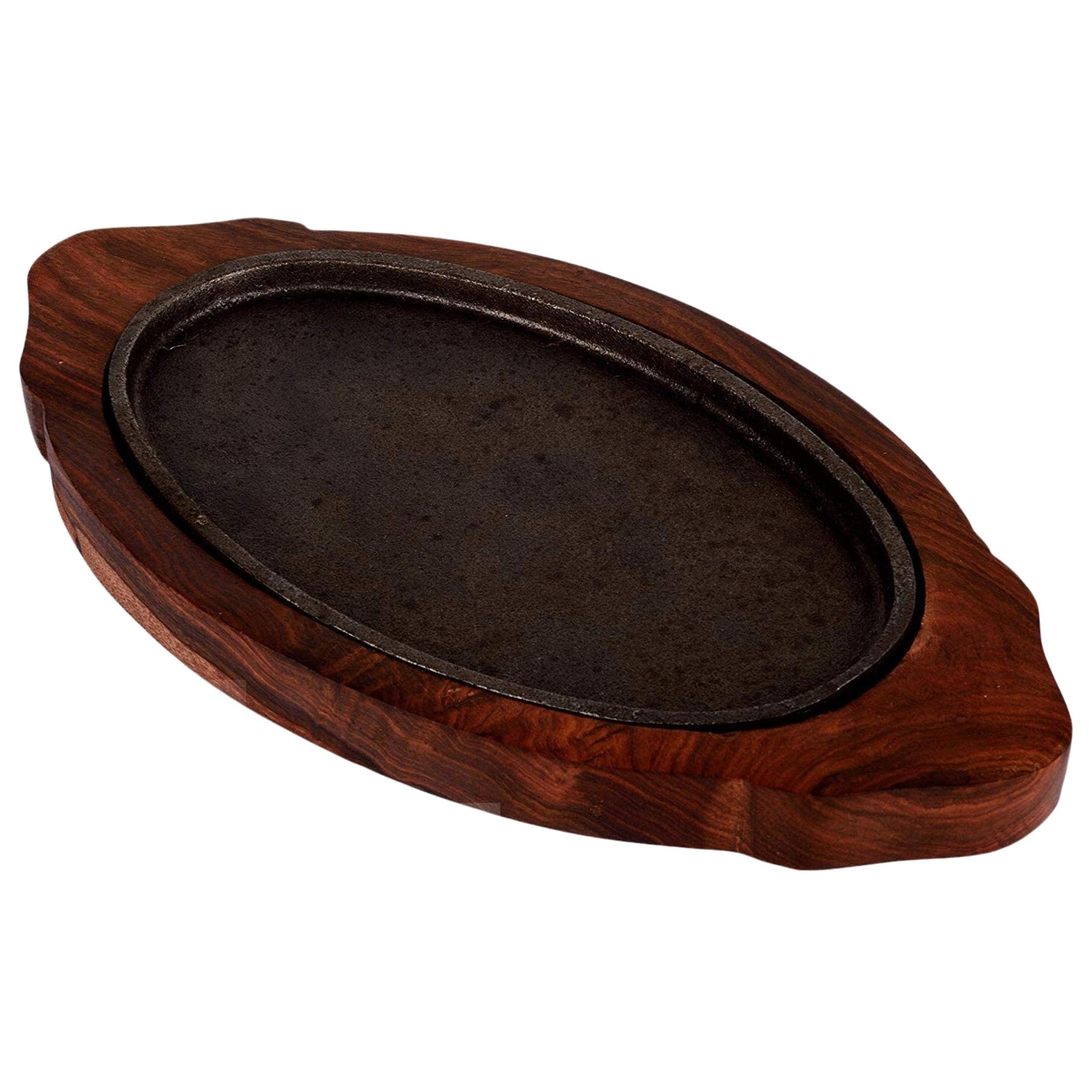 Fourthline Premium Cast Iron Sizzler Plate with Wooden Base Handle ...