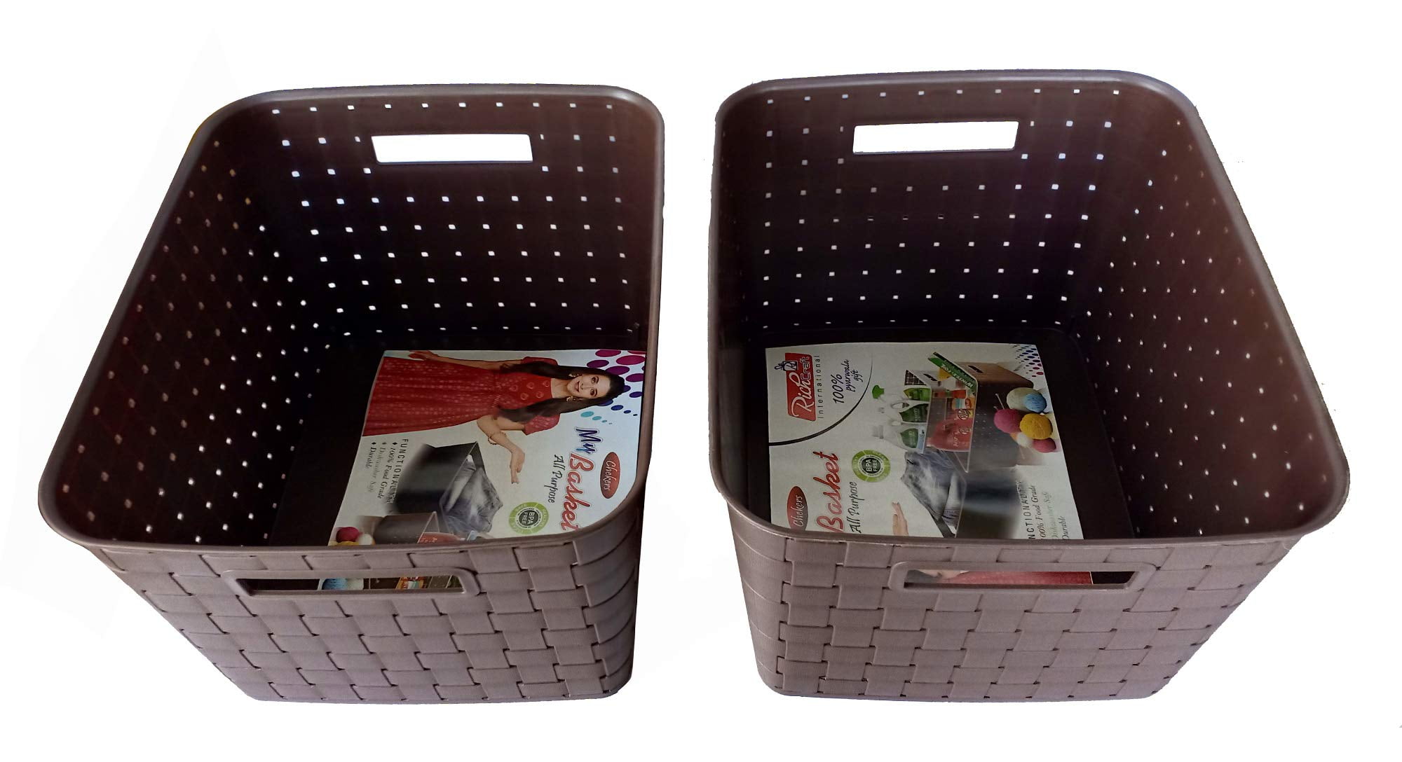 Fourthline Set of 2 Giant Open Checkered Storage Baskets Dark Brown ...